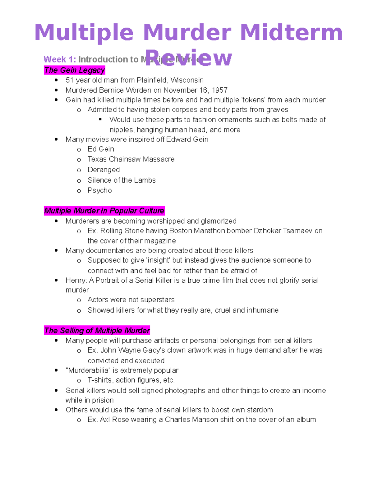 Multiple Murder Midterm Review - Week 1: Introduction to Multiple ...