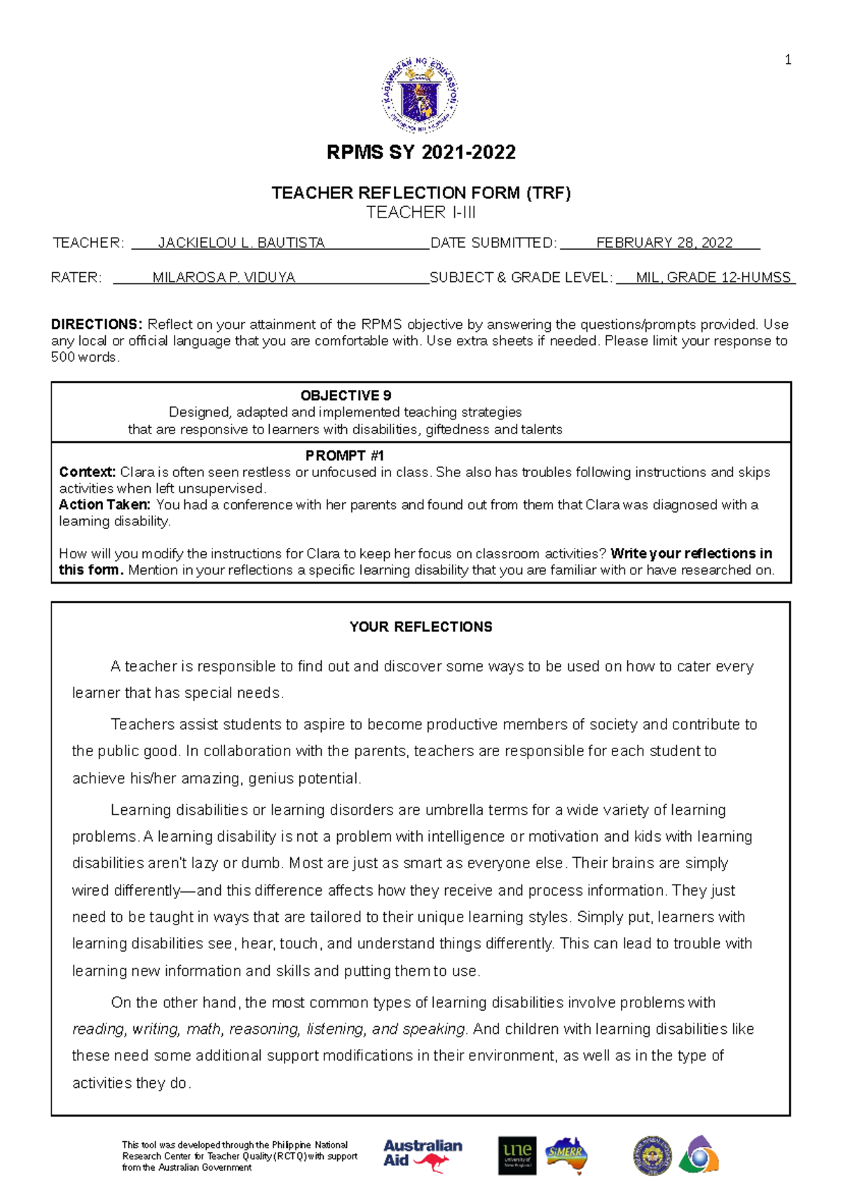 Appendix 4A Teacher Reflection Form for T I III for RPMS SY 2021 2022 ...