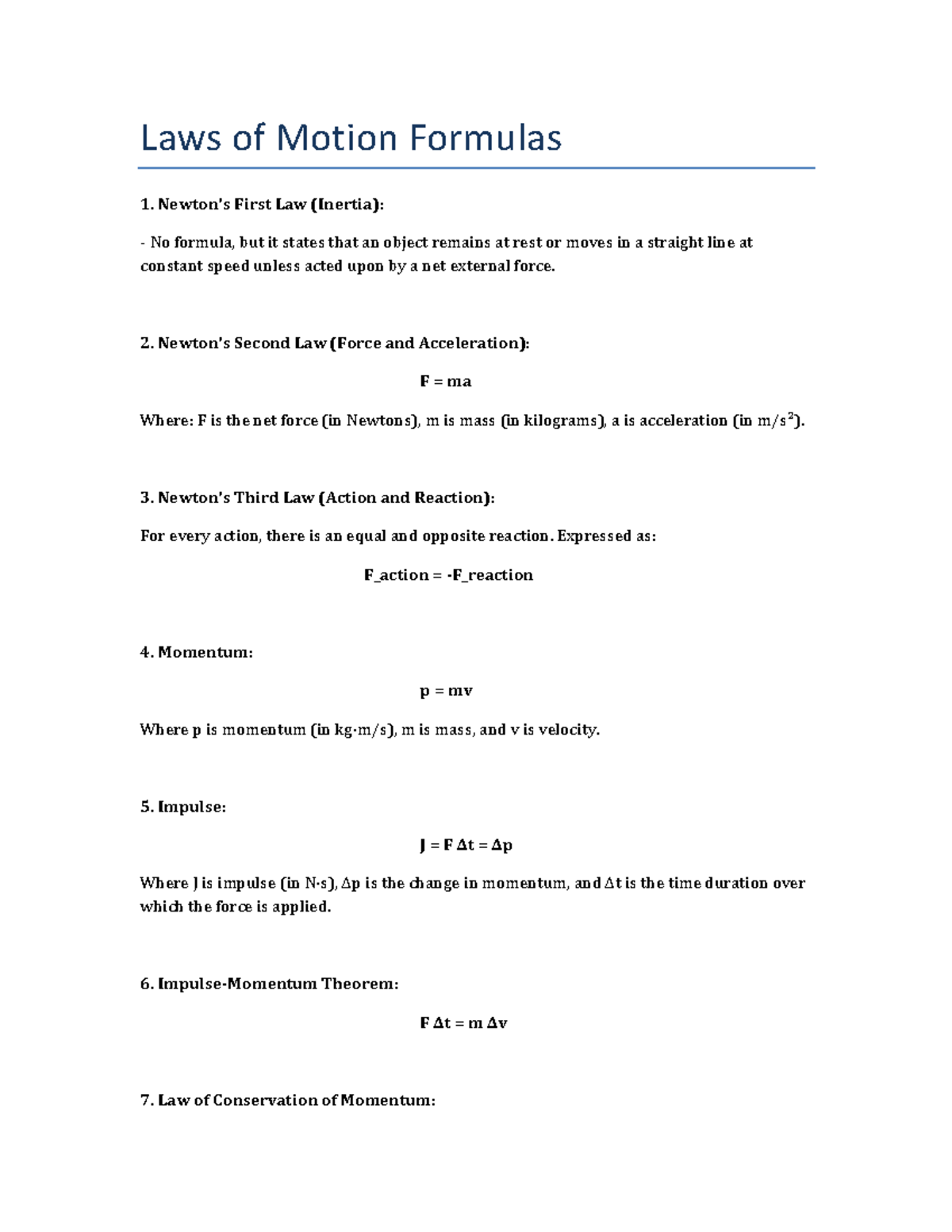 Laws of motion formulas - Laws of Motion Formulas Newton's First Law ...