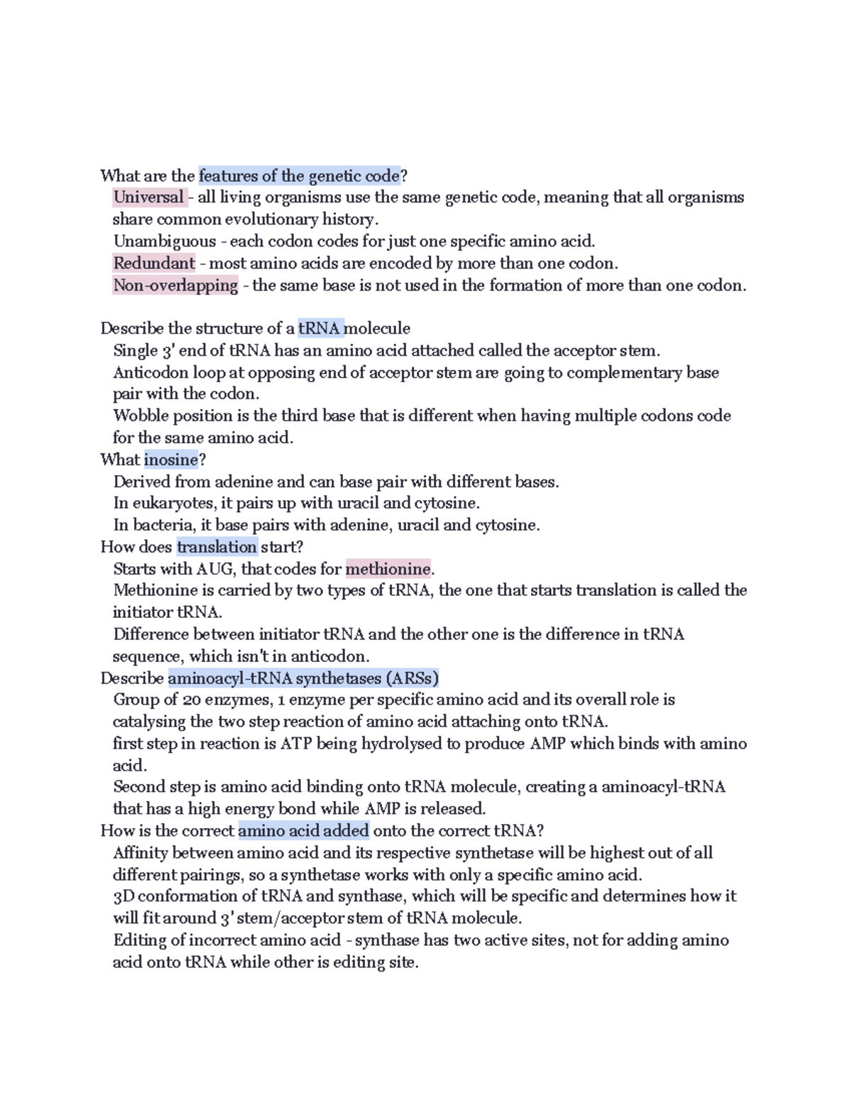Translation - summary notes - What are the features of the genetic code ...