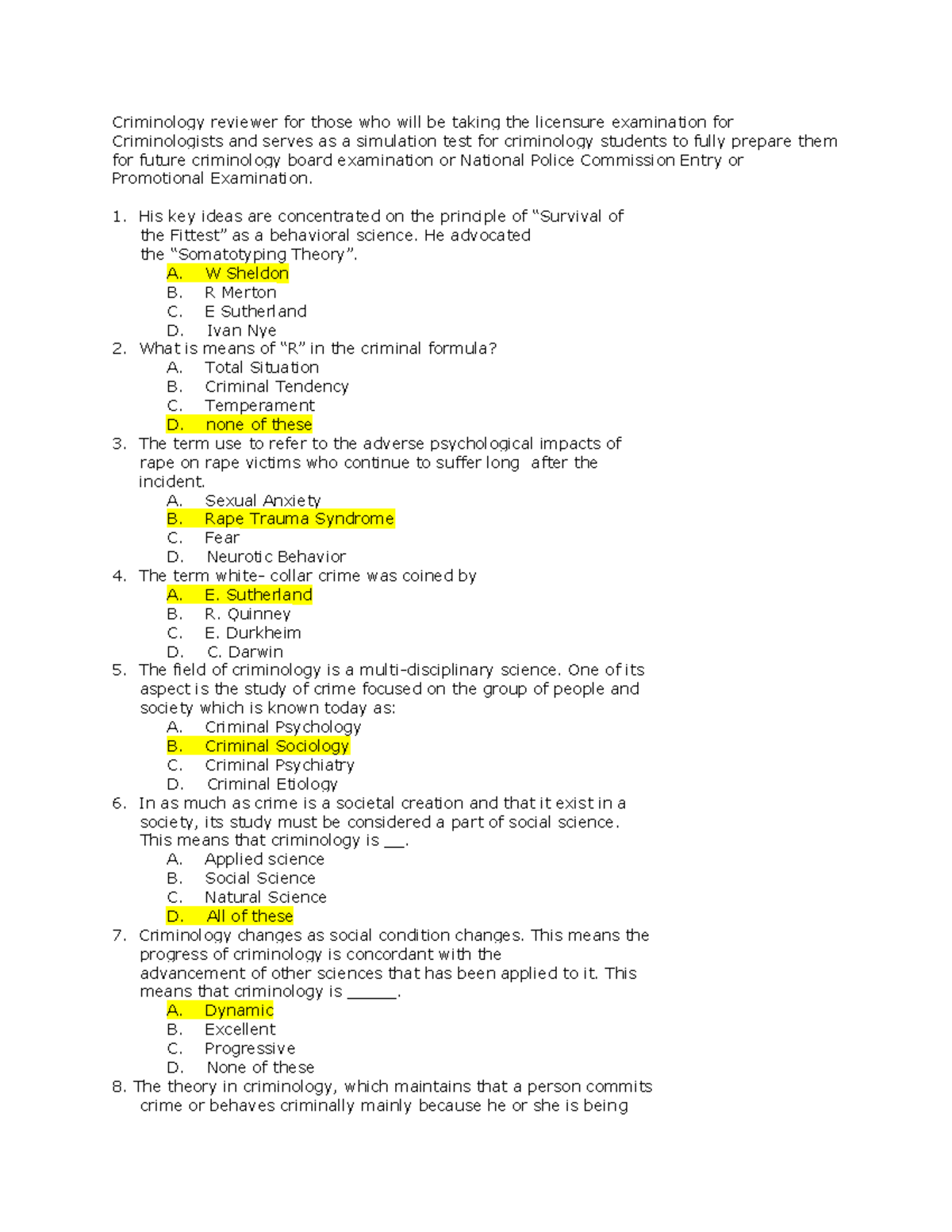 Criminology Reviewer For Board Examiner Criminology Reviewer For