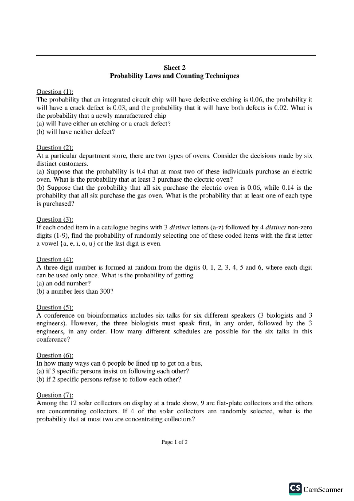 Sheet 2 questions - probability laws and counting techniques - Probabilities and Statistics ...