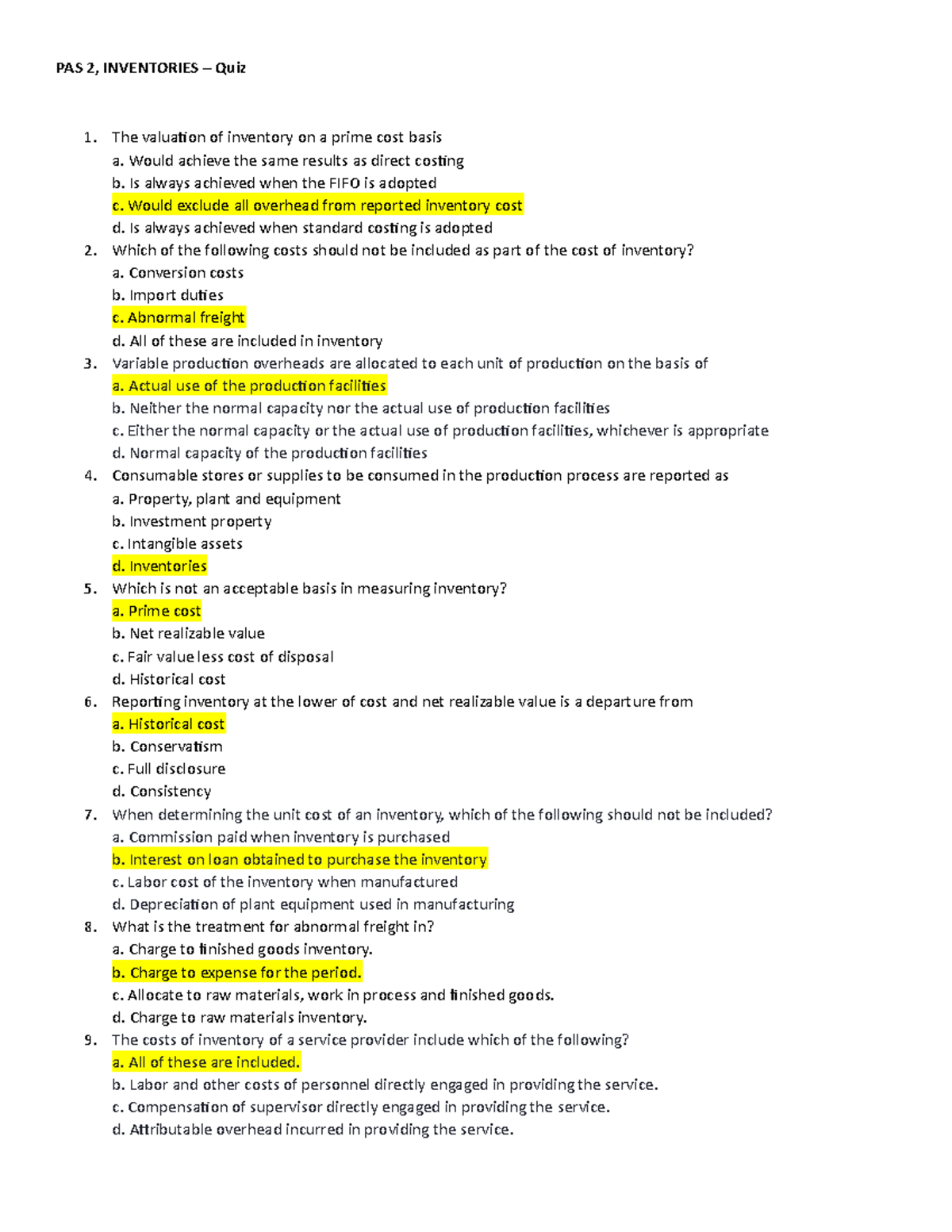 PAS 2 - Inventories - Quiz - PAS 2, INVENTORIES – Quiz The valuation of ...