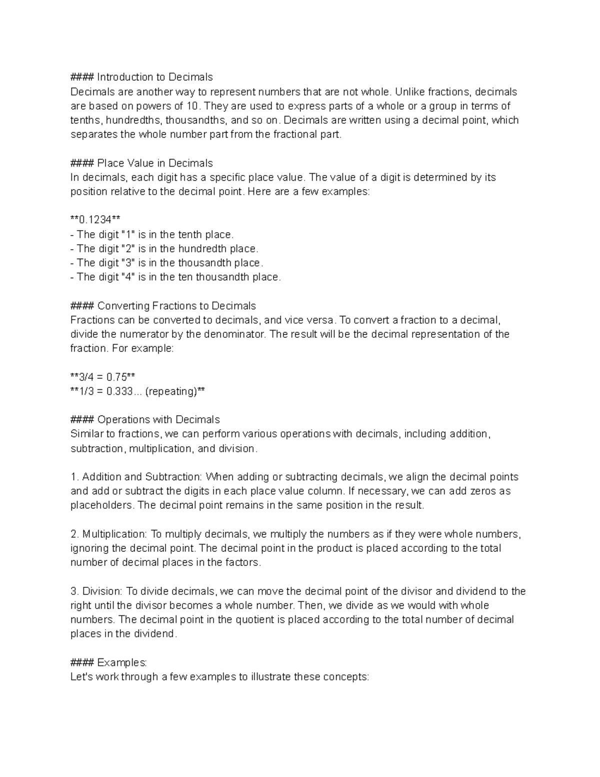 Untitled document-4 - math - Introduction to Decimals Decimals are ...