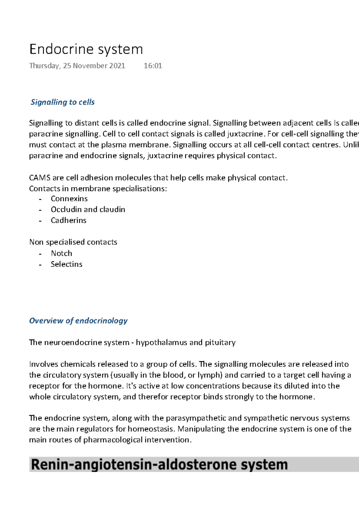 Endocrine system - Notes from lecture - Signalling to cells Signalling ...
