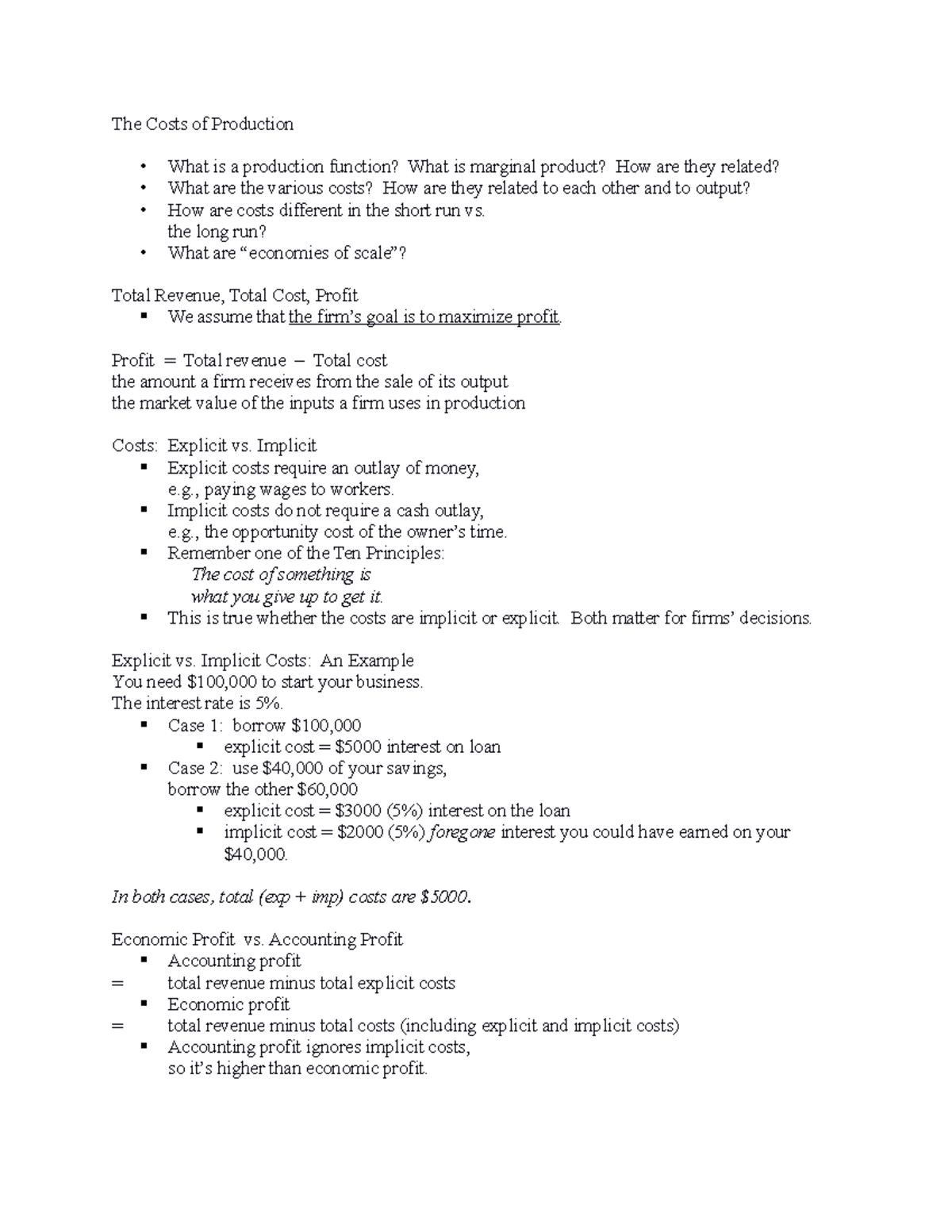 Microeconomics Chapter 13 Notes to Upload - The Costs of Production ...