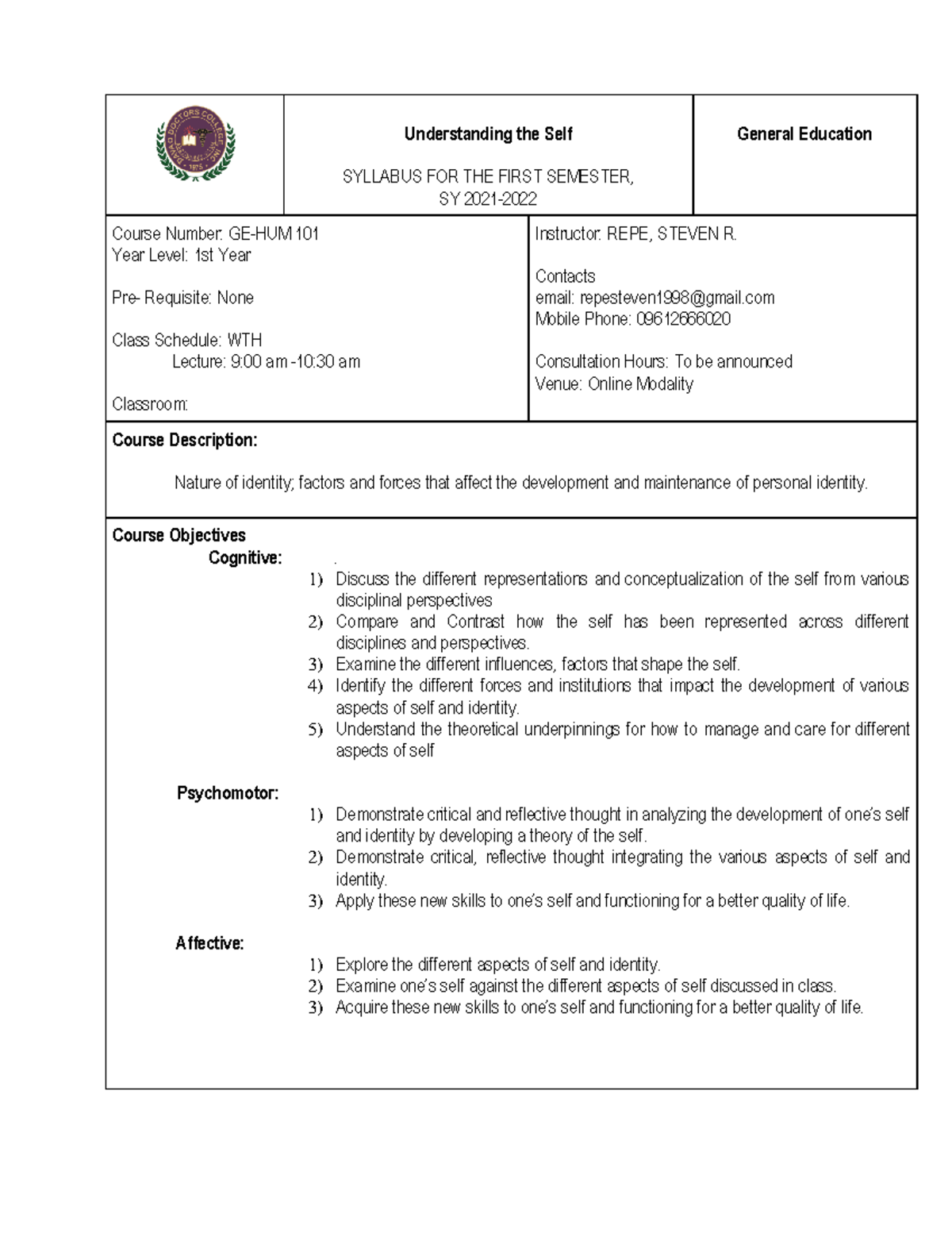 Understanding-THE-SELF - Understanding the Self SYLLABUS FOR THE FIRST ...