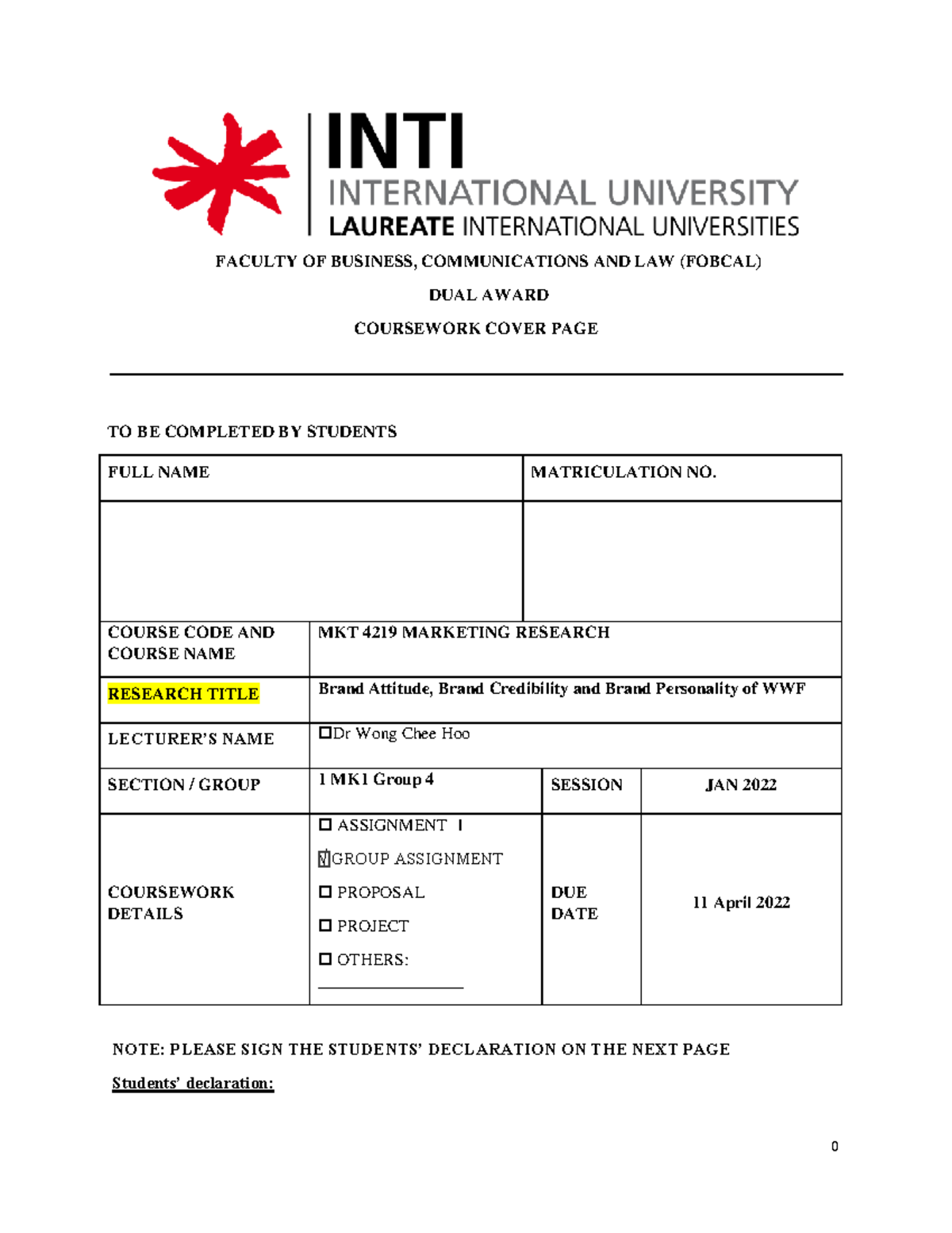 GA sample WWF - ...... - FACULTY OF BUSINESS, COMMUNICATIONS AND LAW ...