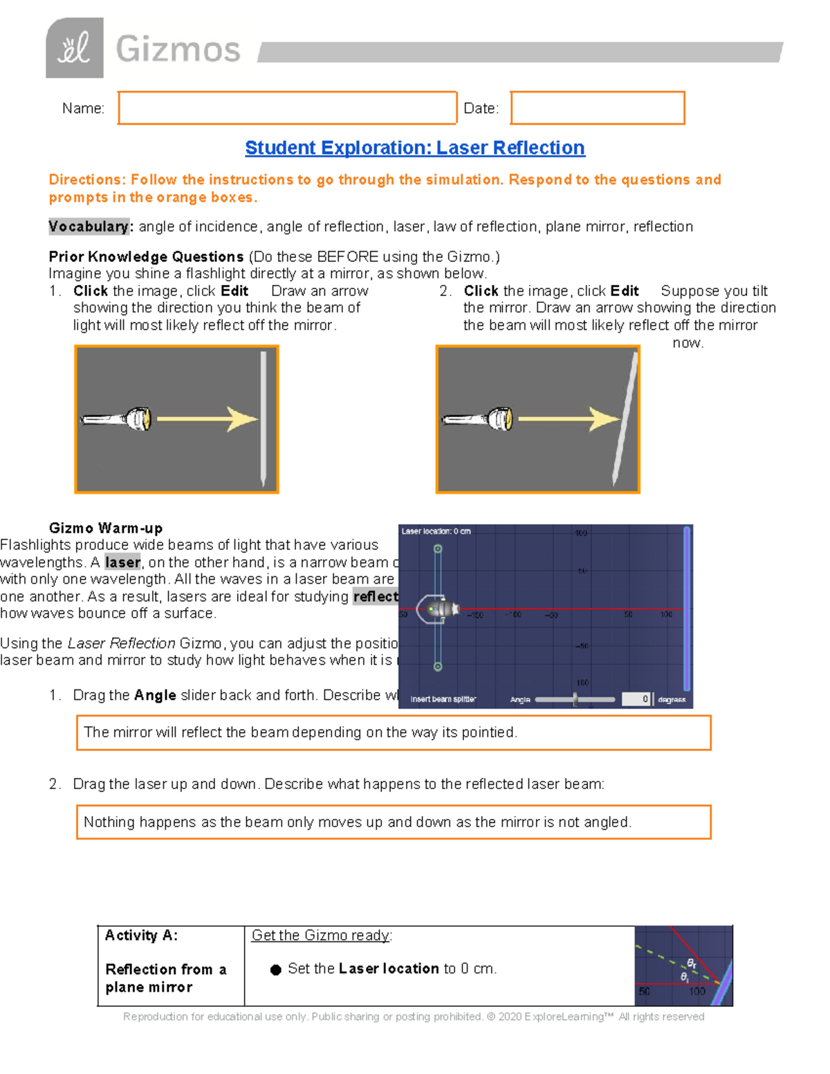 Teagan Lindsay's- Copy of Laser Reflection SE - Name: Date: Student ...