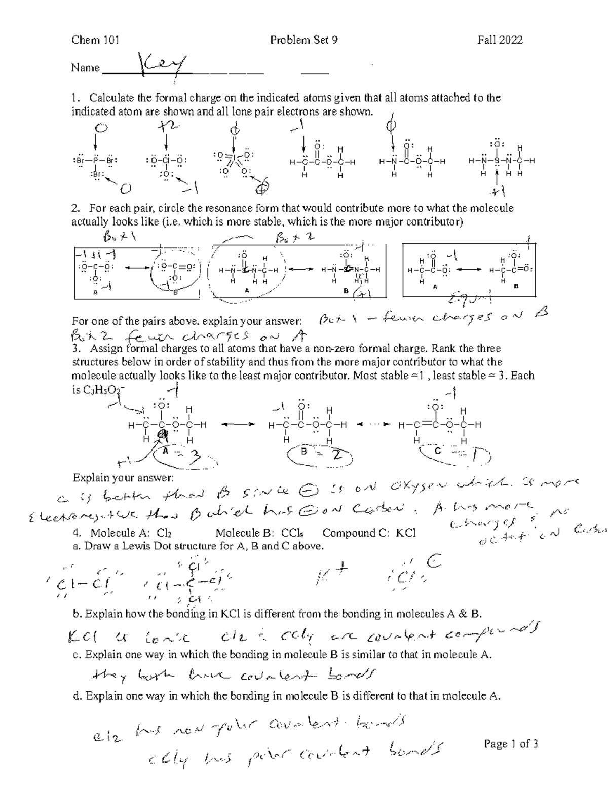 General Chemistry 1 Week 9 Practice Problems Answer Key - Chem 101 ...
