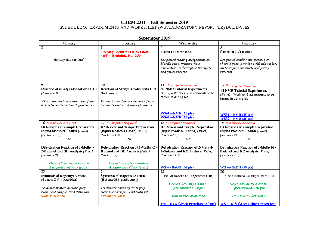Ochem Lab Calendar Fall 2019 - SCHEDULE OF EXPERIMENTS AND WORKSHEET ...