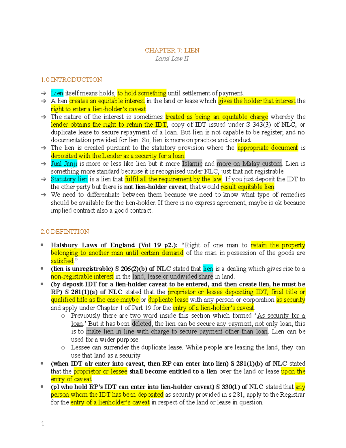 Chapter 7 LIEN - CHAPTER 7: LIEN Land Law II 1 INTRODUCTION Lien itself ...