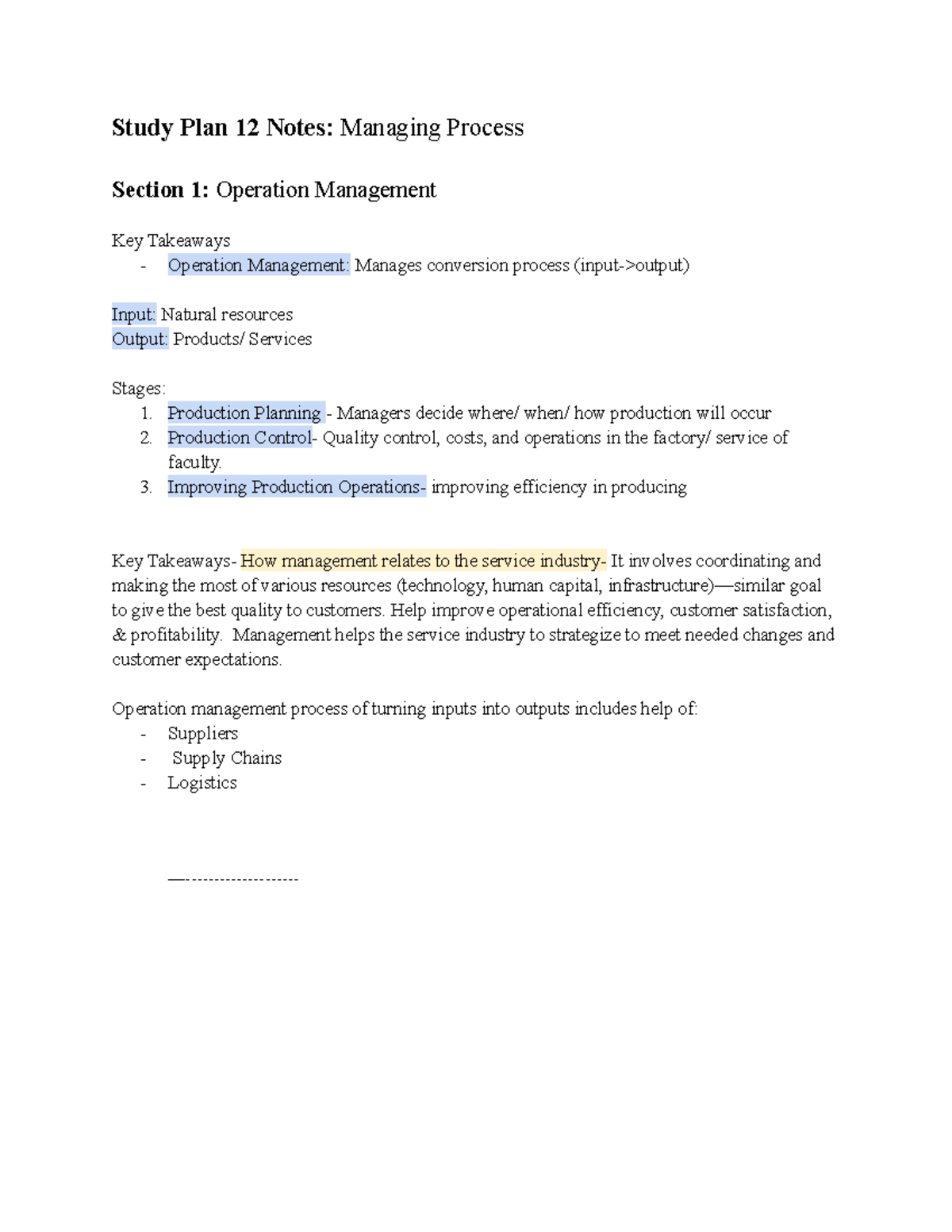 Study plan 12 - Covers operation management, production processes, production planning, new ...