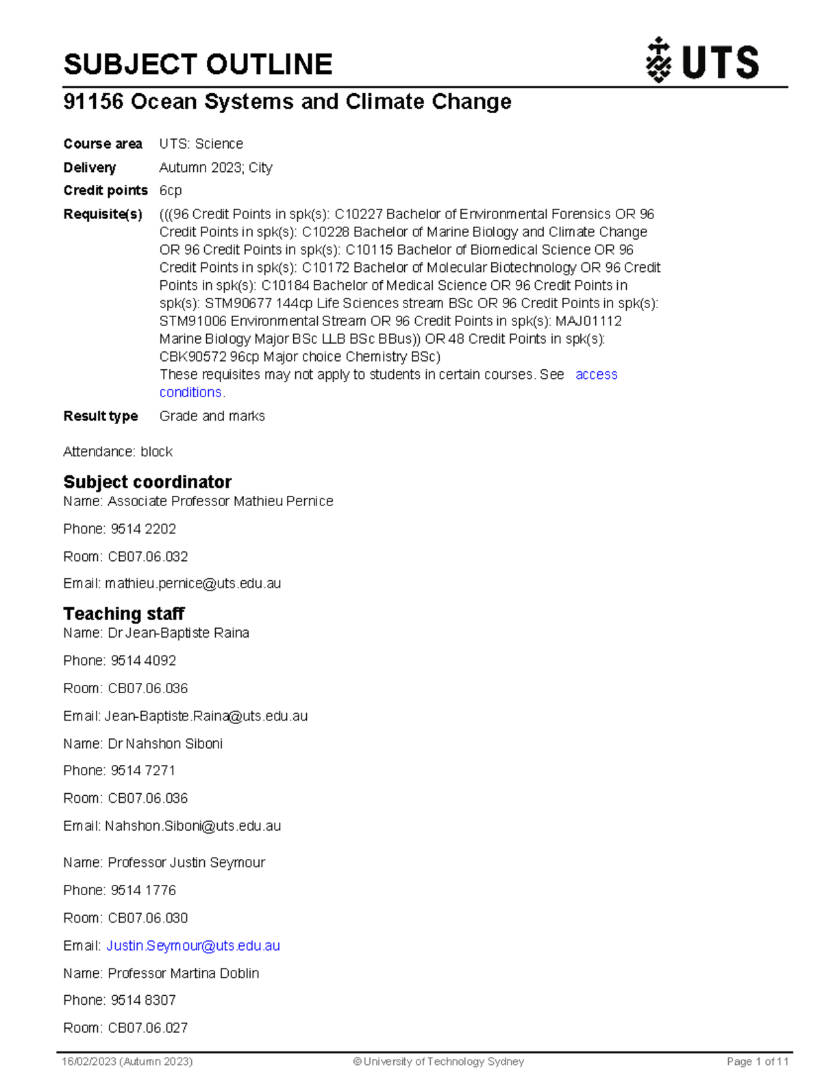 Ocean Subject Outline - SUBJECT OUTLINE 91156 Ocean Systems and Climate ...