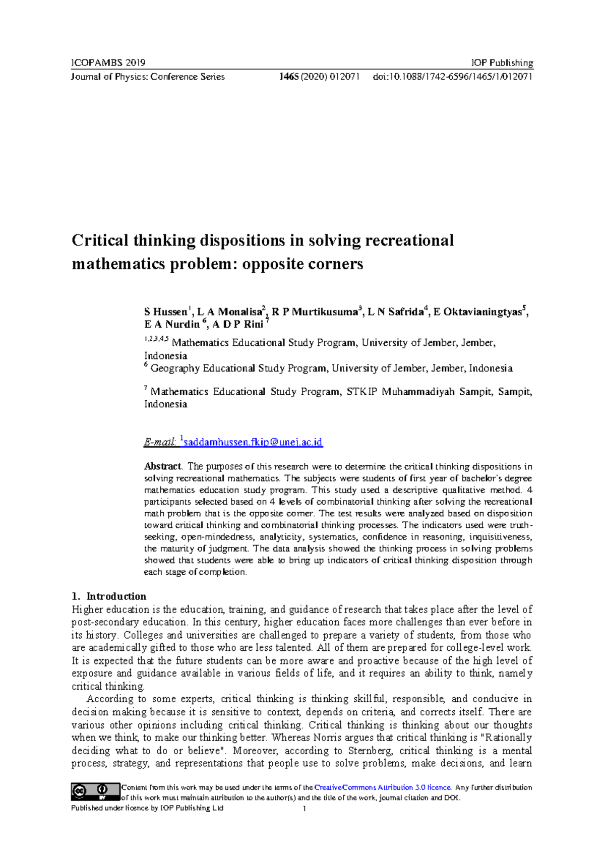 Critical thinking dispositions - Content from this work may be used ...