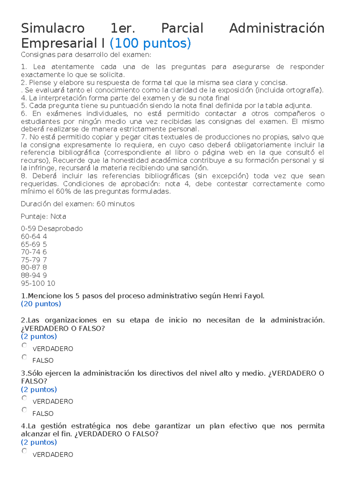 Simulacro 1er Parcial Adm Emp I - Simulacro 1er. Parcial Administración Empresarial I (100 ...