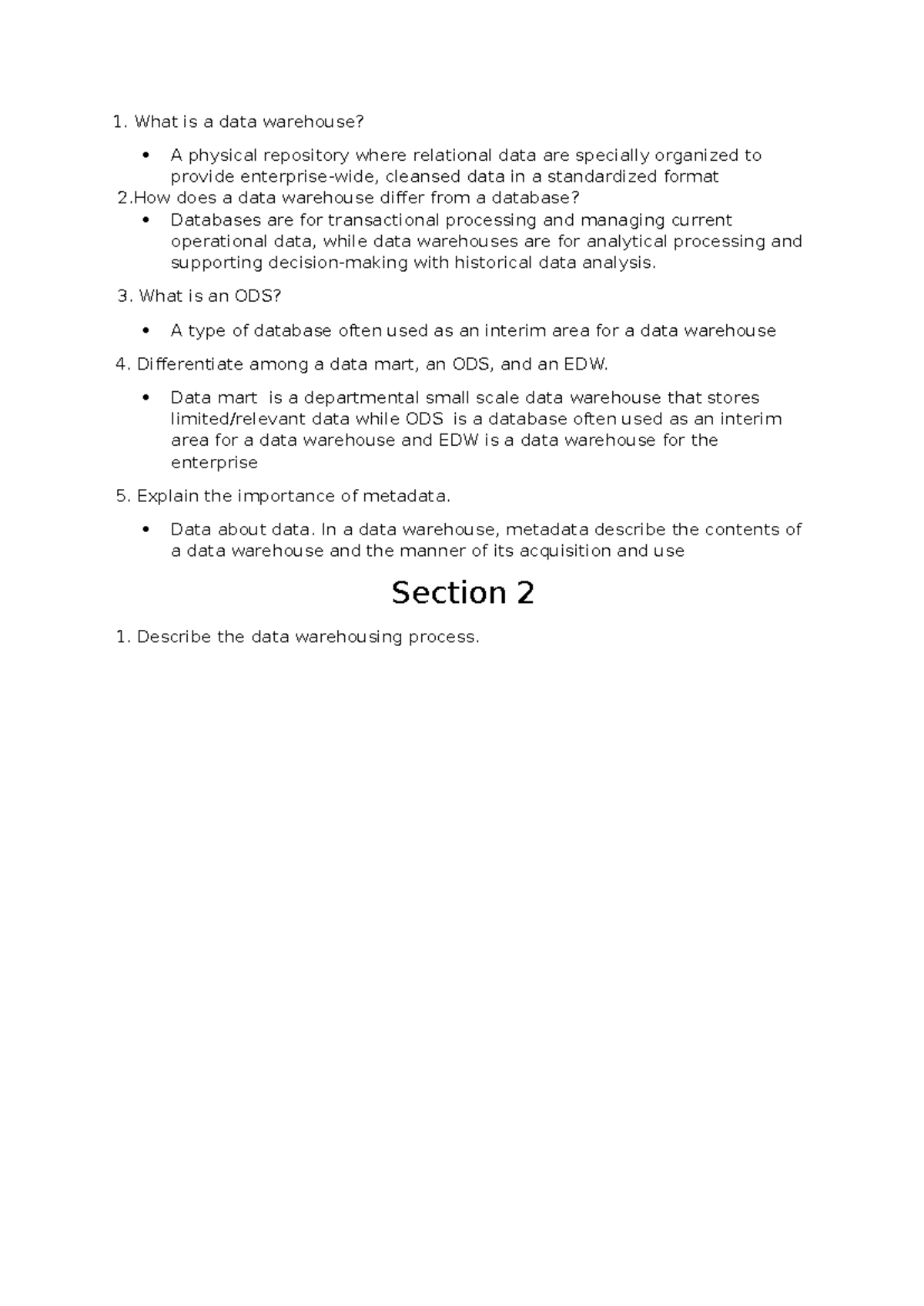 Tutorial 2 - none - What is a data warehouse? A physical repository ...