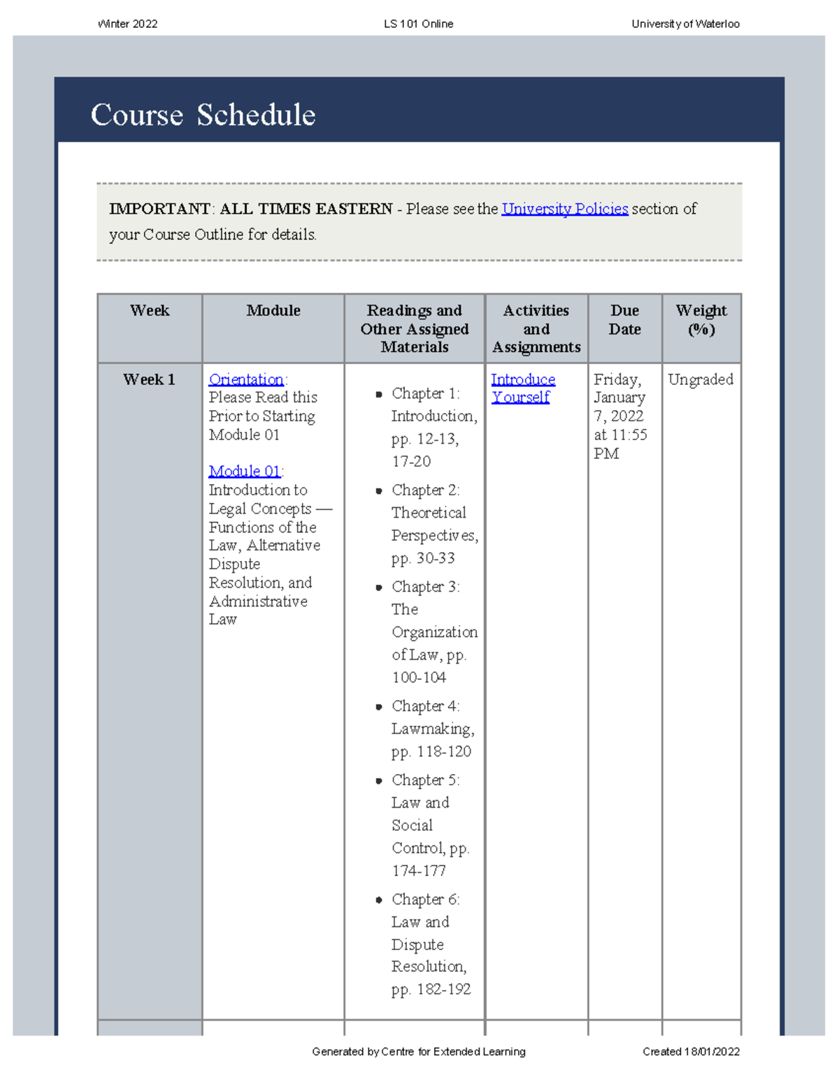 1221 LS 101 - Course Outline - Course Schedule IMPORTANT : ALL TIMES ...