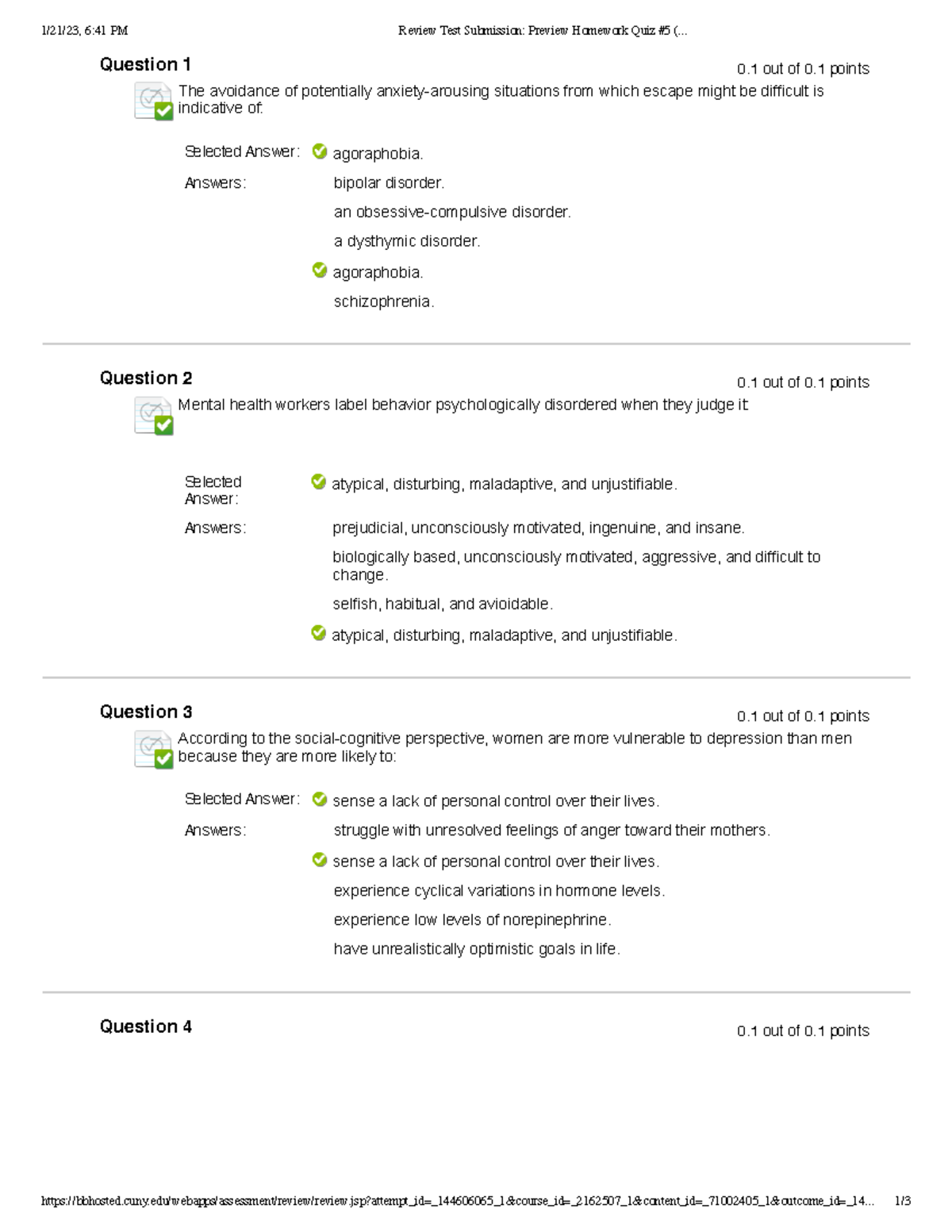 Homework Quiz #5 ( - End of the chapter quiz on Psychological disorder ...