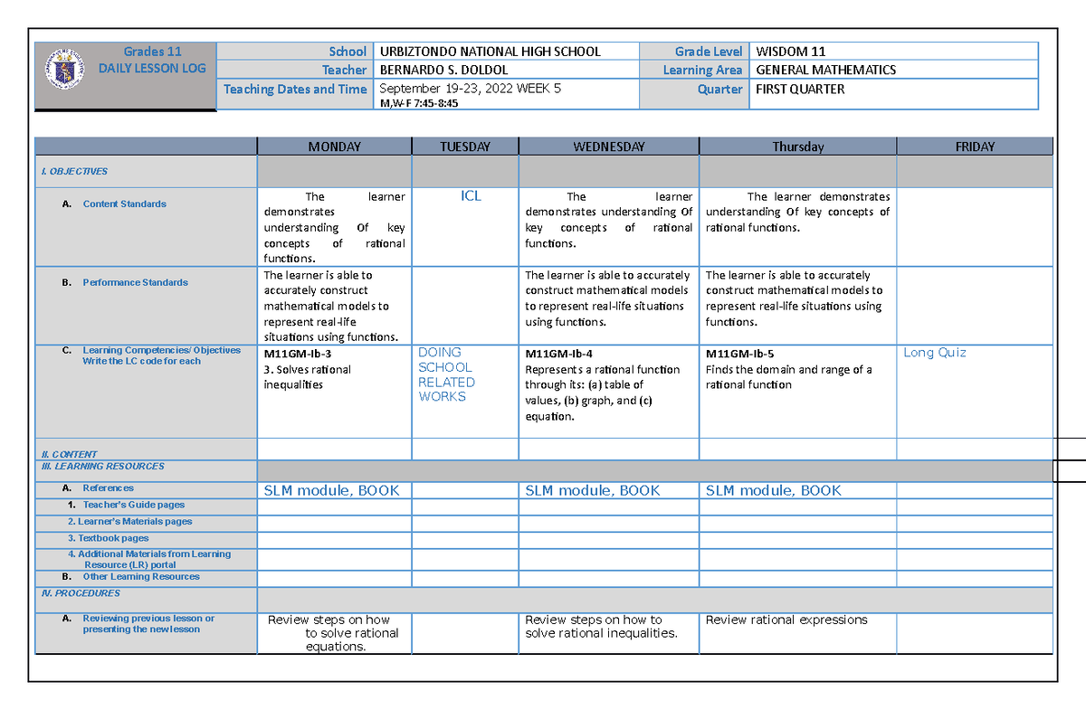 5. DLP- template gen math - Grades 11 DAILY LESSON LOG School ...