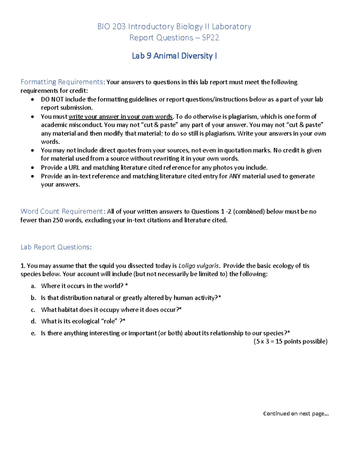 Lab 9 Report Questions An Div I SP22 - BIO 203 Introductory Biology II Laboratory Report ...