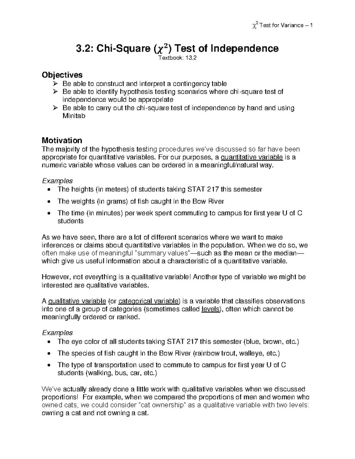 3.2 Chi-Square Test of Independence - Test for Variance 1 3: ) Test of ...