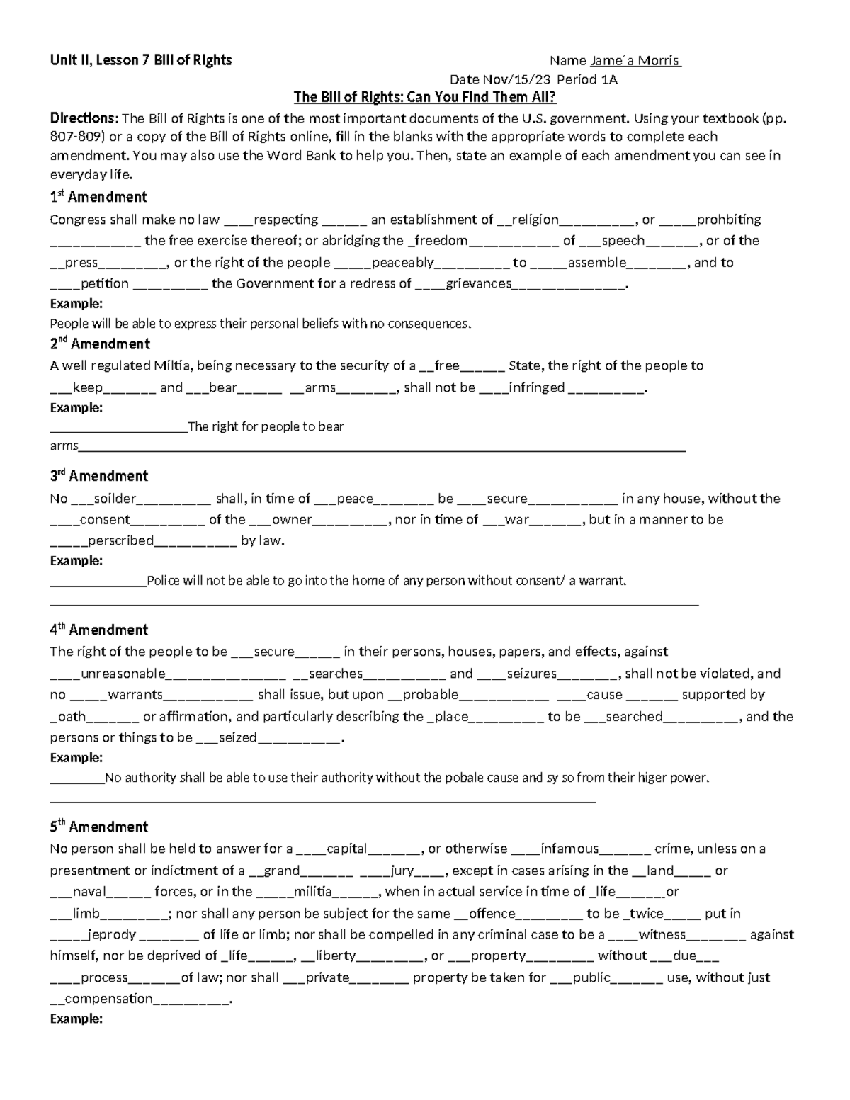 Copy of Bill of Rights Fillinthe Blank - Unit II, Lesson 7 Bill of ...