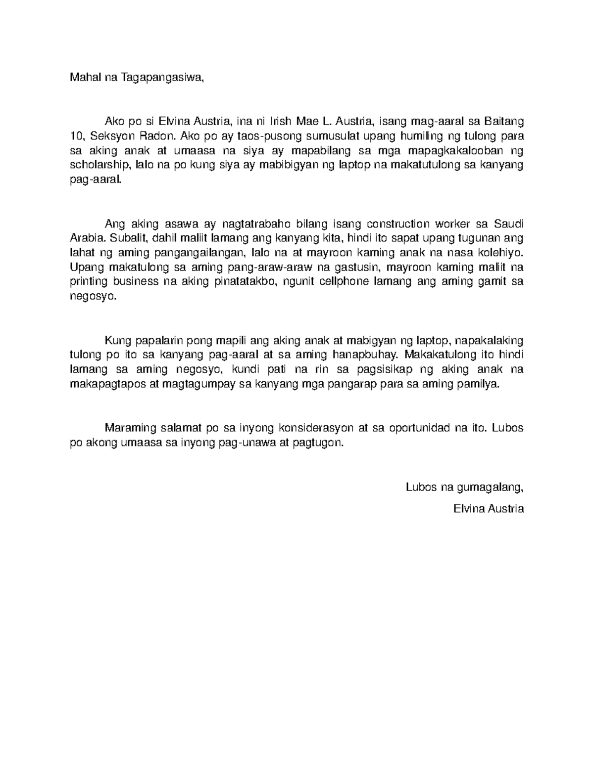 Irish letter - Mahal na Tagapangasiwa, Ako po si Elvina Austria, ina ni ...