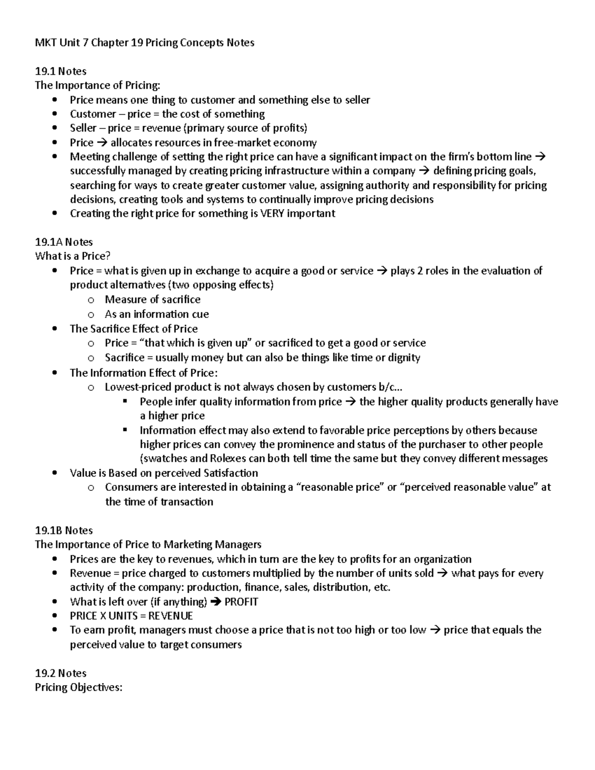 MKT Unit 7 Chapter 19 Pricing Concepts Notes - MKT Unit 7 Chapter 19 ...