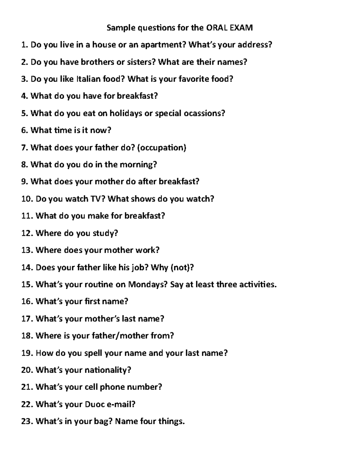 Sample questions for the ORAL EXAM - What’s your first name? What’s ...