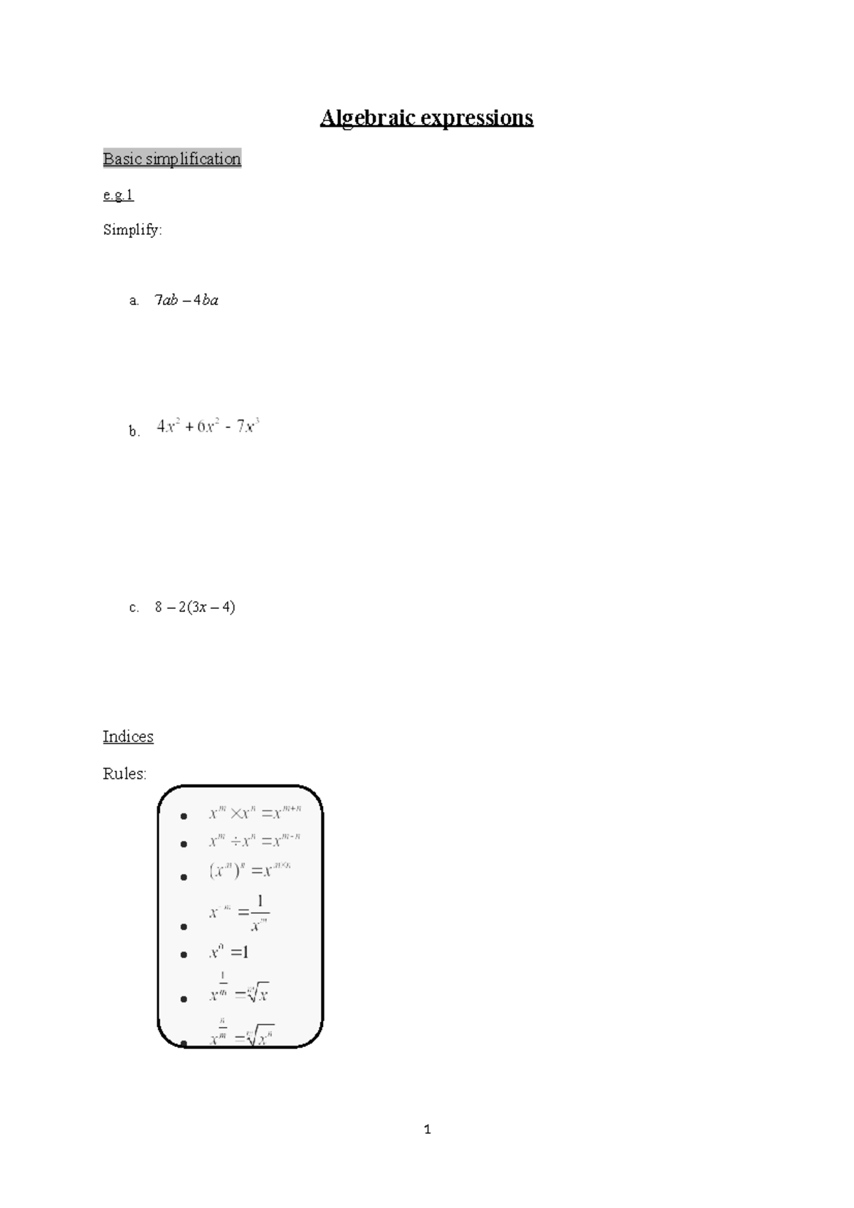 Algebraic expressions - Algebraic expressions Basic simplification e ...