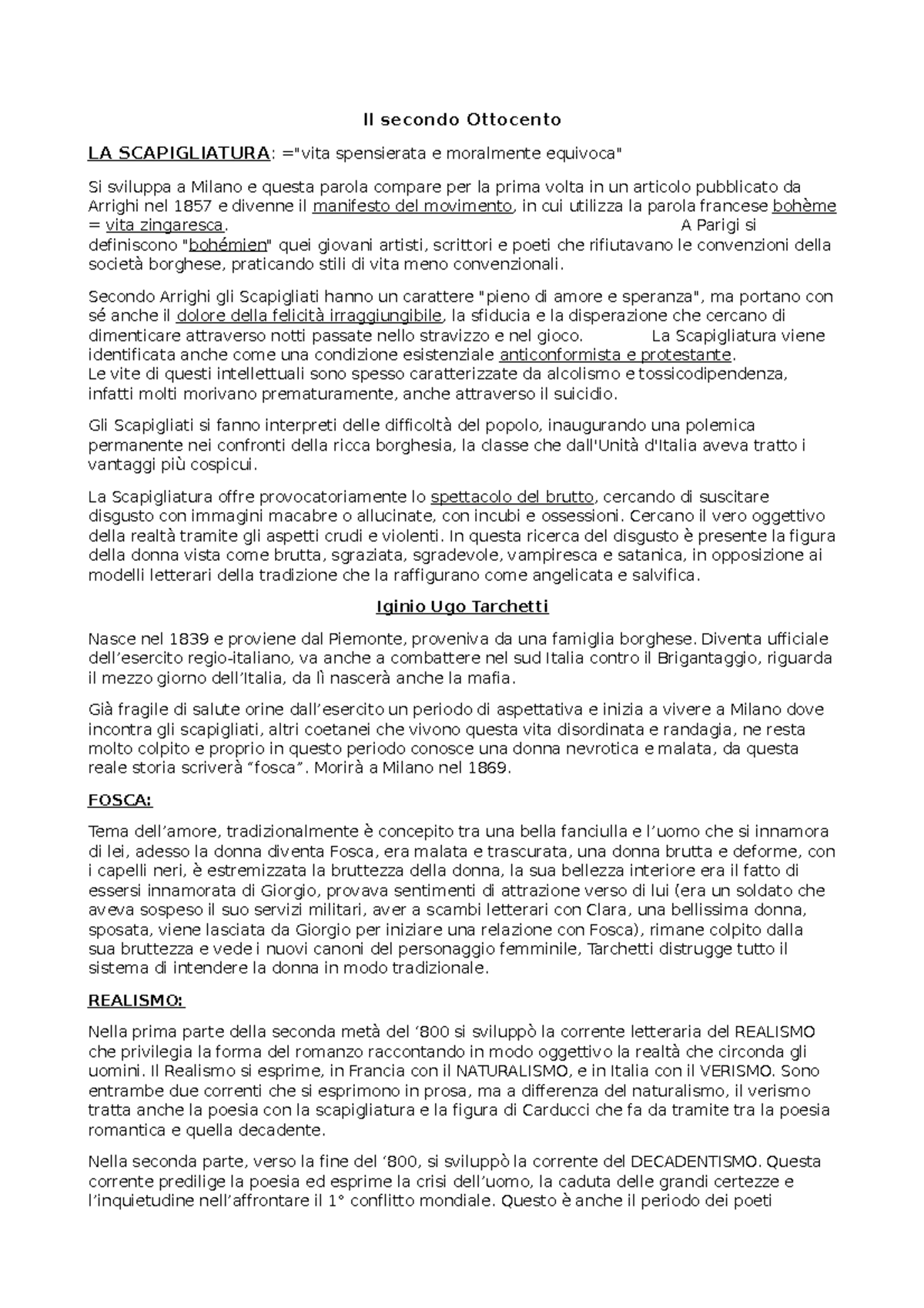 Naturalismo-verismo - Il secondo '800 La scapigliatura - Studocu