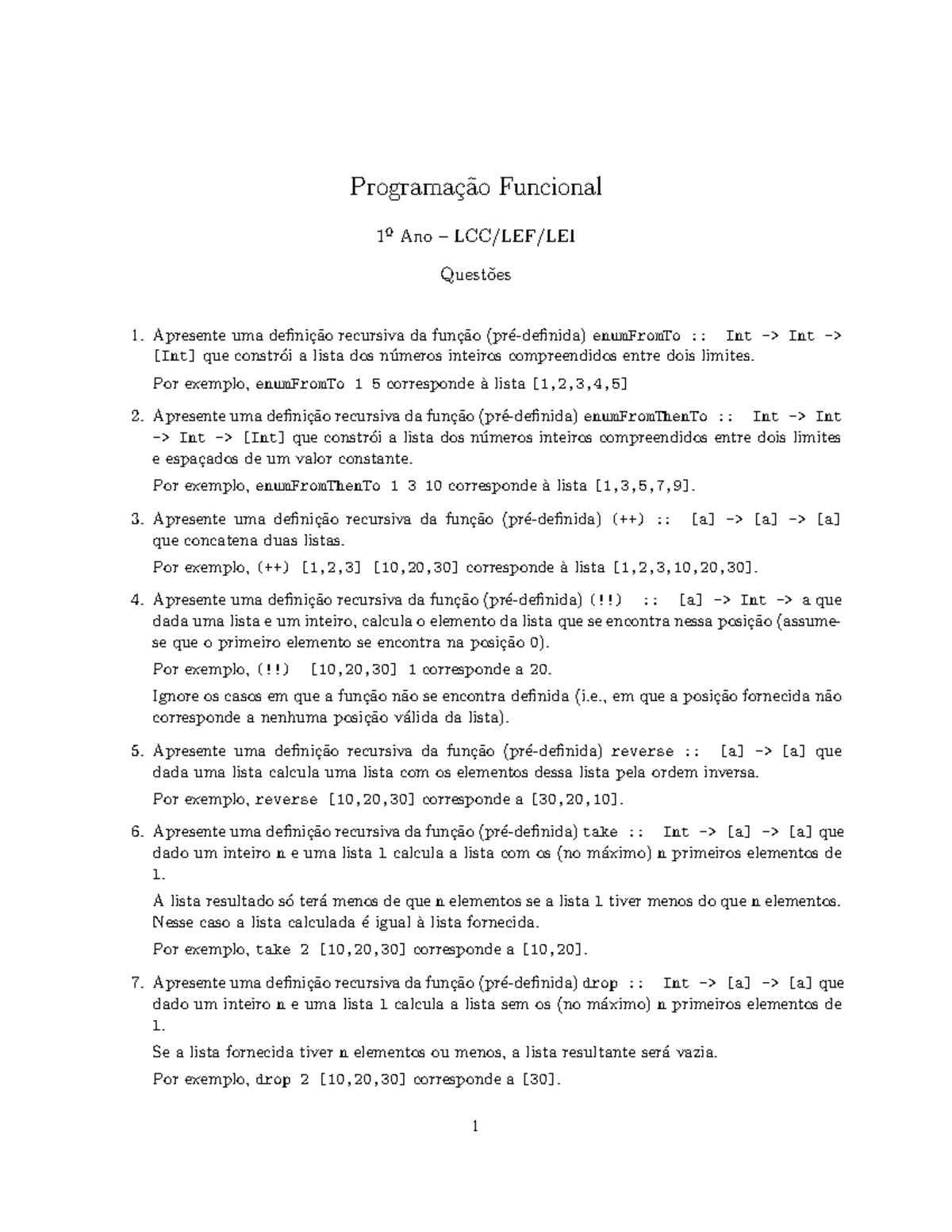 50 Questões Programação Funcional - Programa ̧c ̃ao Funcional 1 º Ano ...