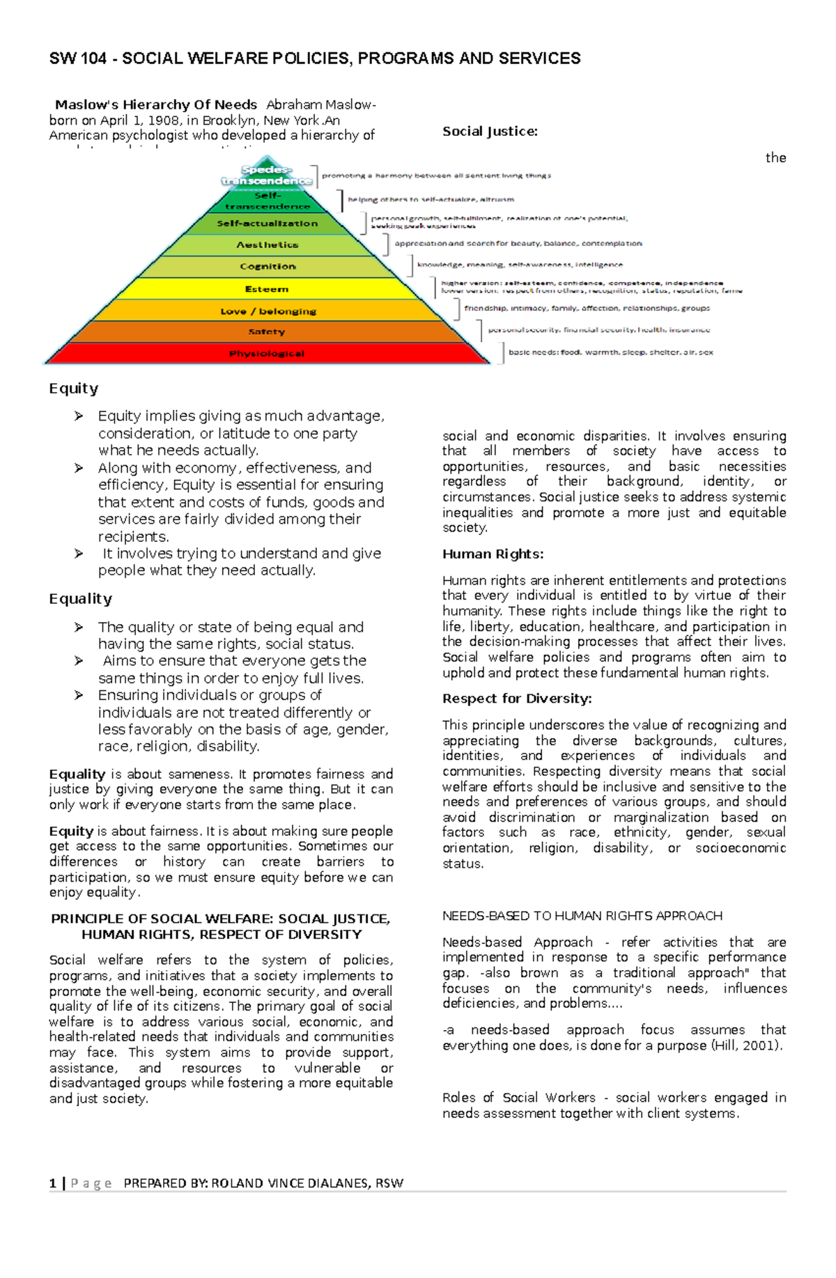SW 104 Notes - Maslow's Hierarchy Of Needs Abraham Maslow- born on ...