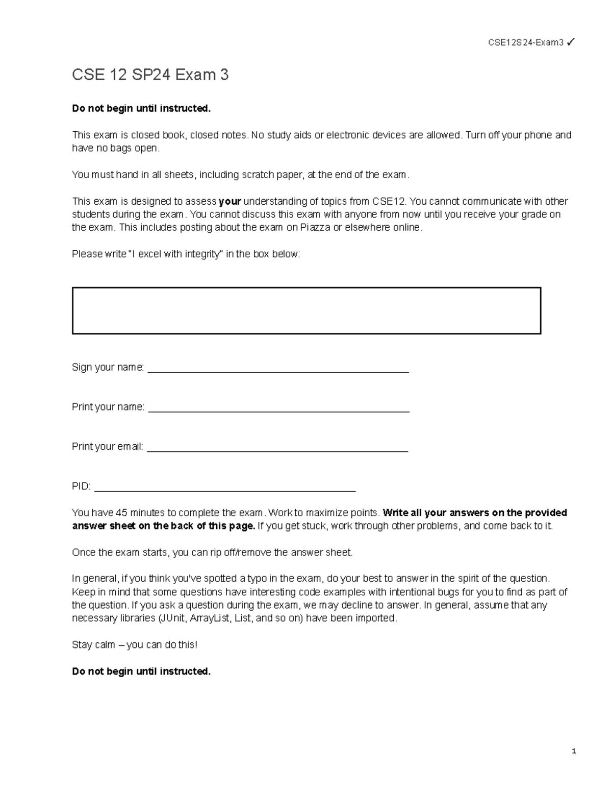 Exam 3 Check - Practice midterm - CSE 12 SP24 Exam 3 Do not begin until instructed. This exam is ...