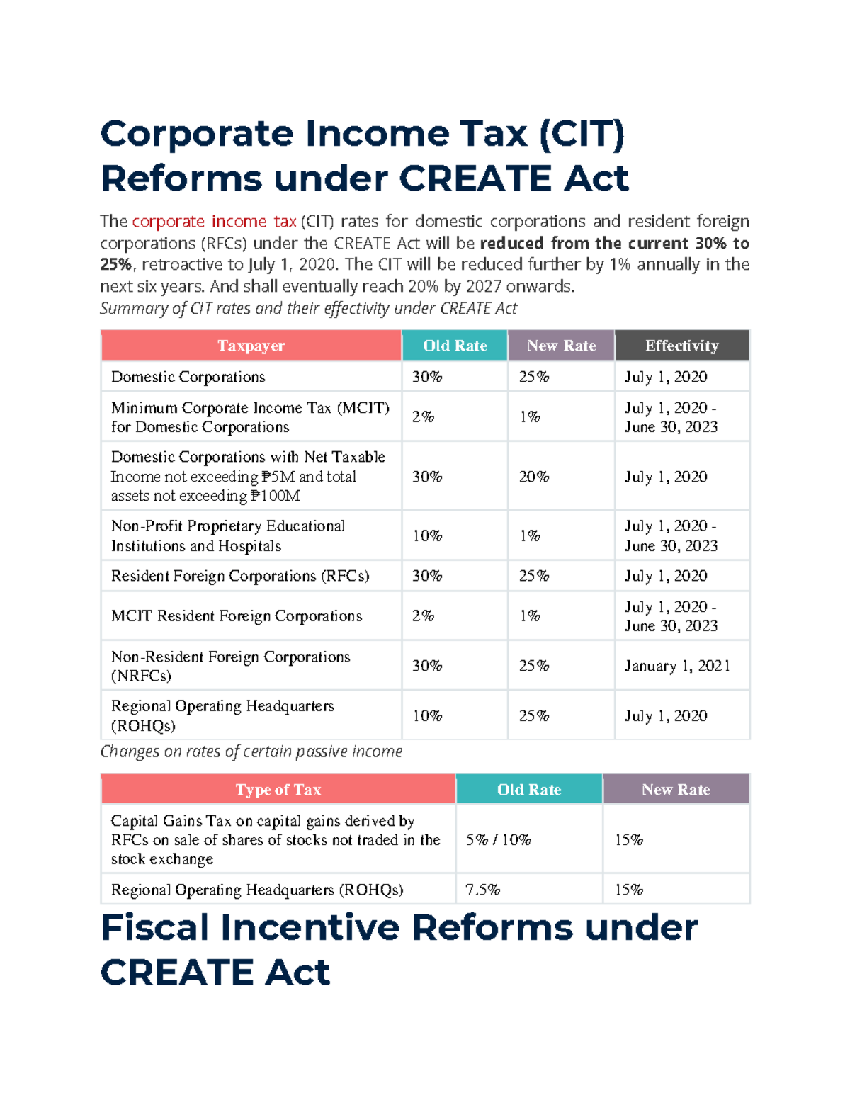 The new CREATE LAW (TAXATION) - Corporate Income Tax (CIT) Reforms ...