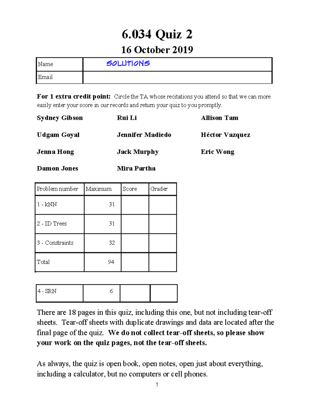 2019 s2 - Practice Quiz 2 - 6 Quiz 2 16 October 2019 Name SOLUTIONS ...