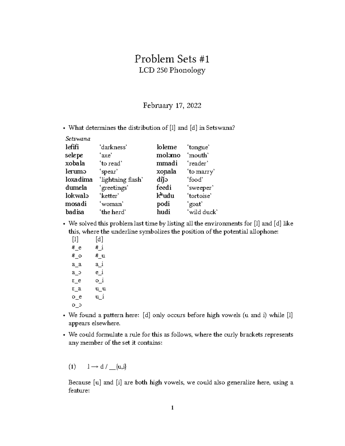 PS1 - How to solve basic phonology questions and some practice: LCD 250 ...