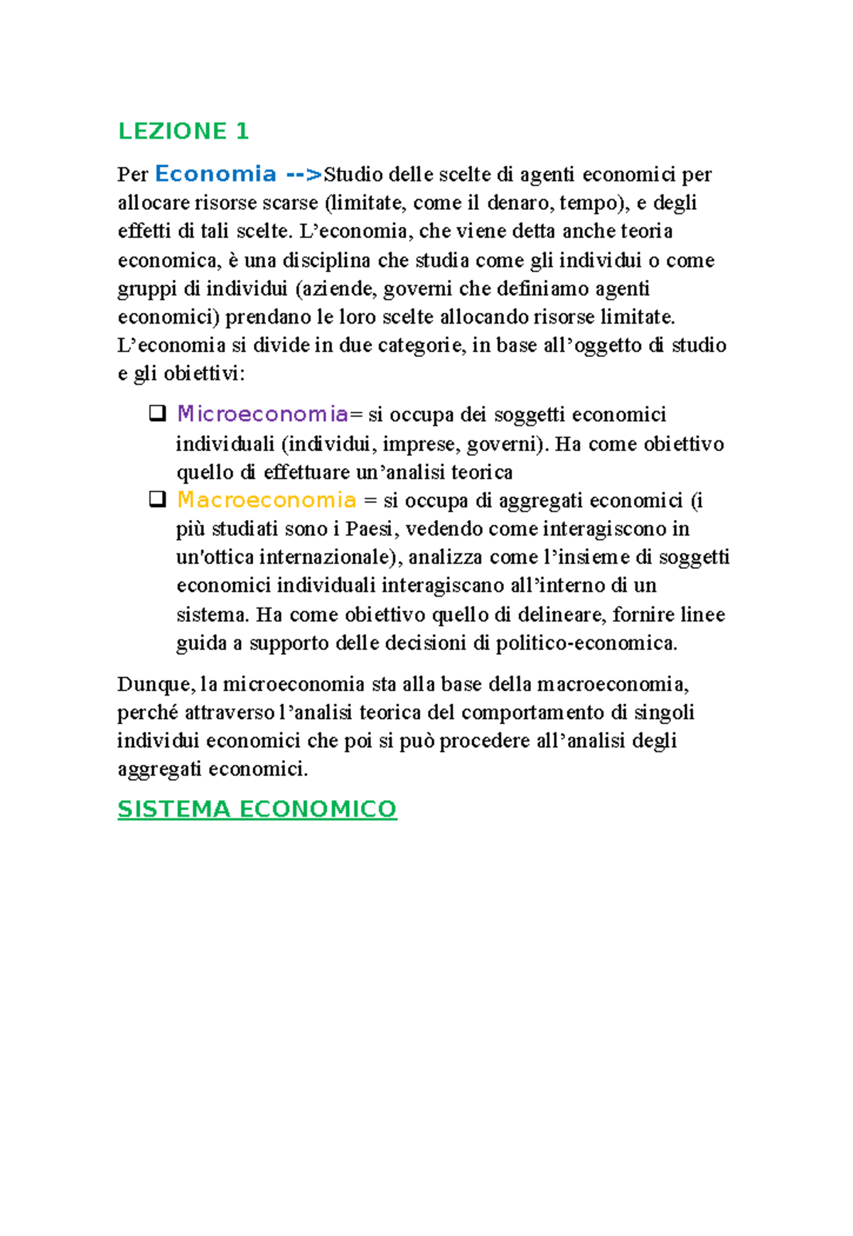 Microeconomia 1-2-3-4-5 - LEZIONE 1 Per Economia -> Studio delle scelte di agenti economici per ...
