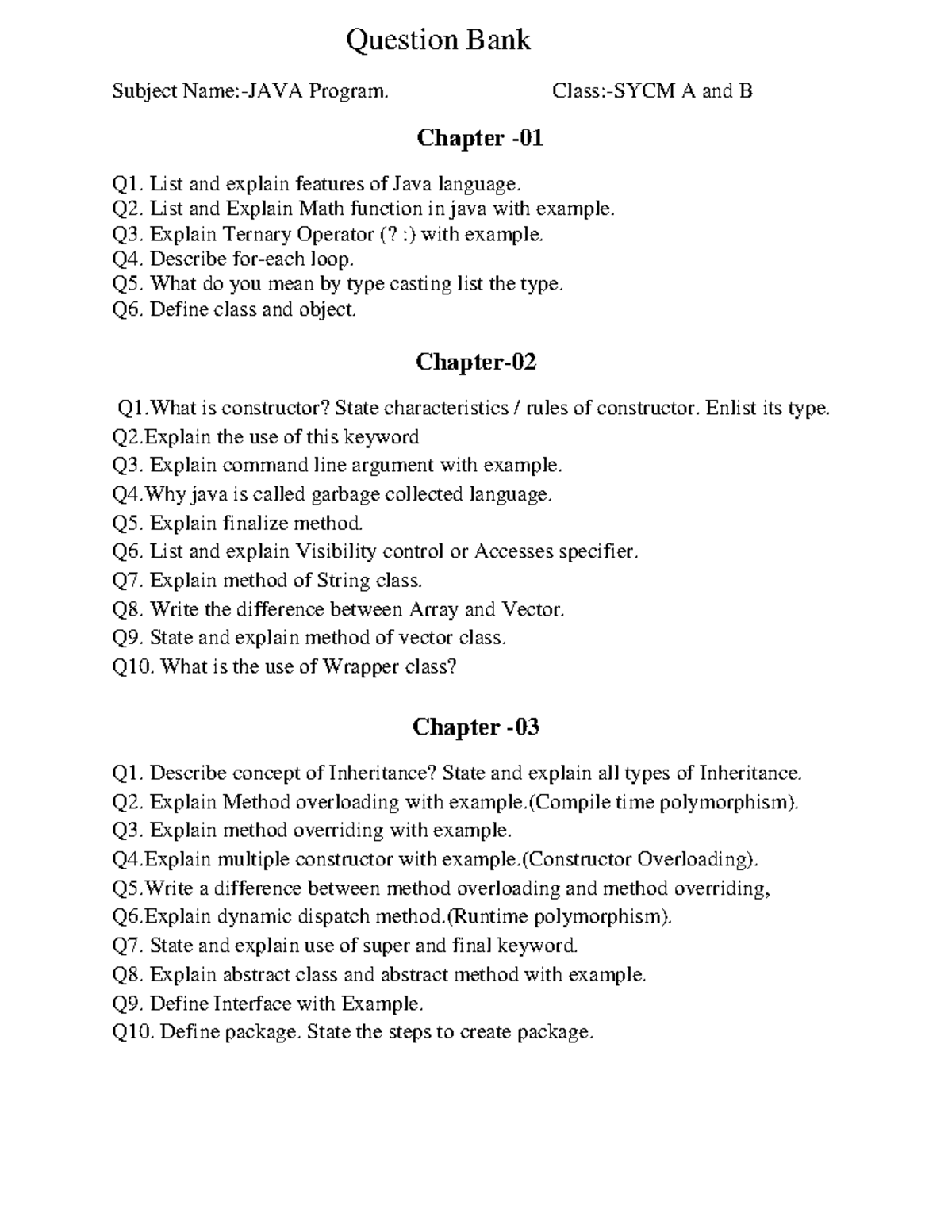 Question bank For JAVA - Summary Computer Engineering - Question Bank Subject Name:-JAVA Program ...