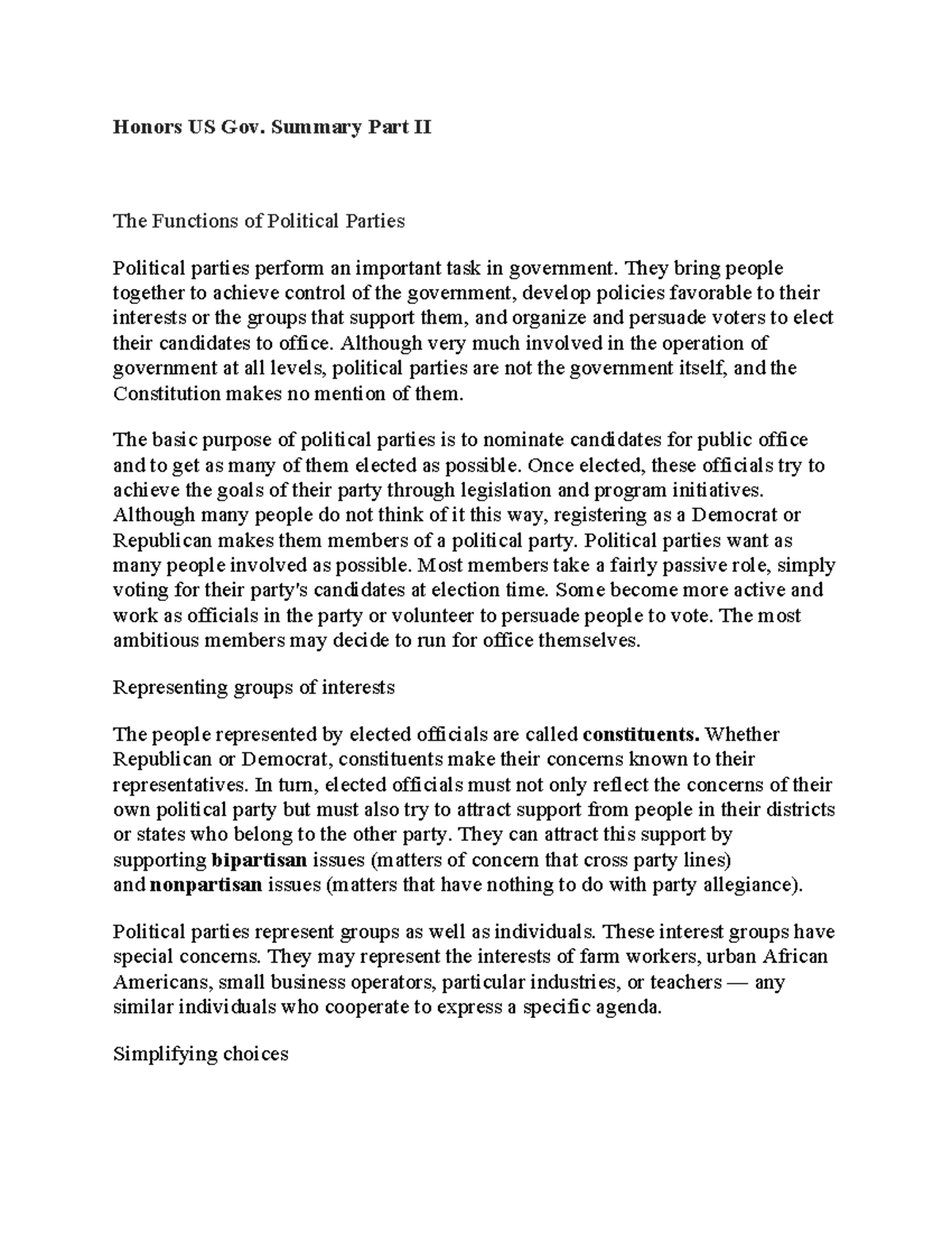 Honors US Gov - Summary Part II The Functions of Political Parties ...