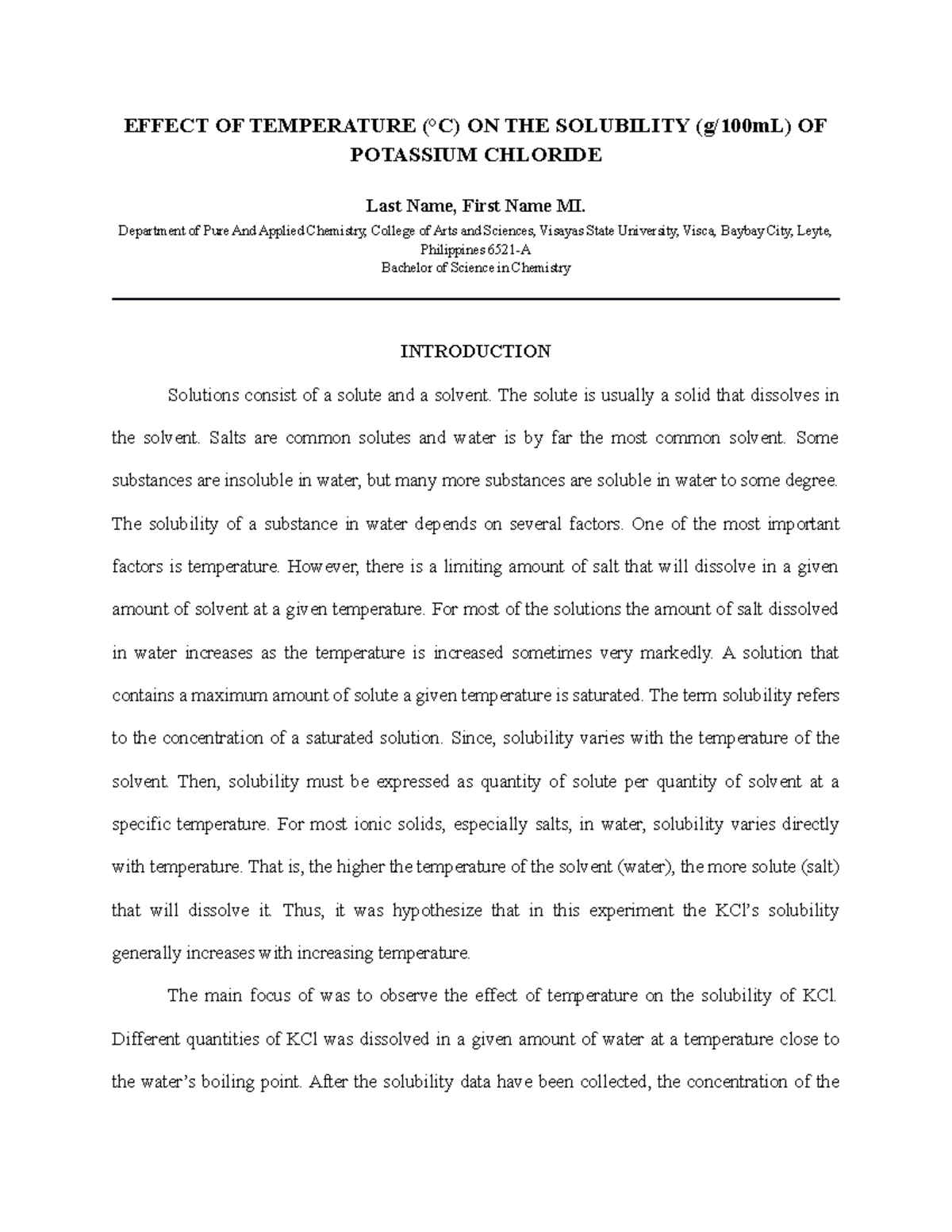 Scientific Report Sample Format - EFFECT OF TEMPERATURE (°C) ON THE ...