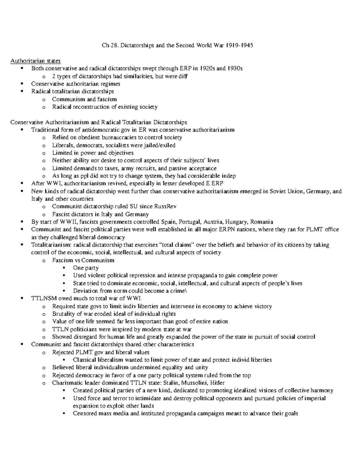 Ch 28 AP Euro - Lecture notes 4 - Ch 28. Dictatorships and the Second ...