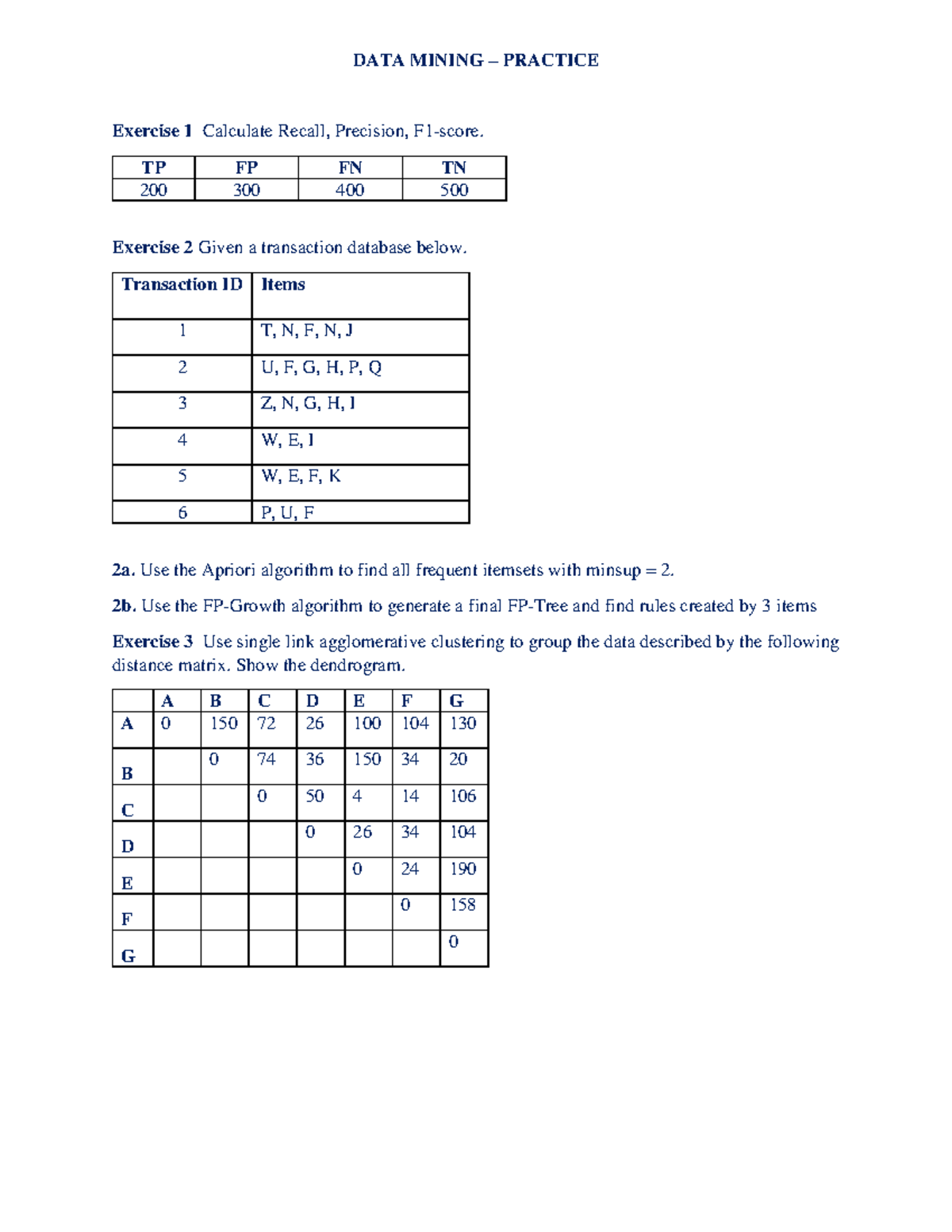 Bai Luyen Tap Data Mining - DATA MINING – PRACTICE Exercise 1 Calculate ...