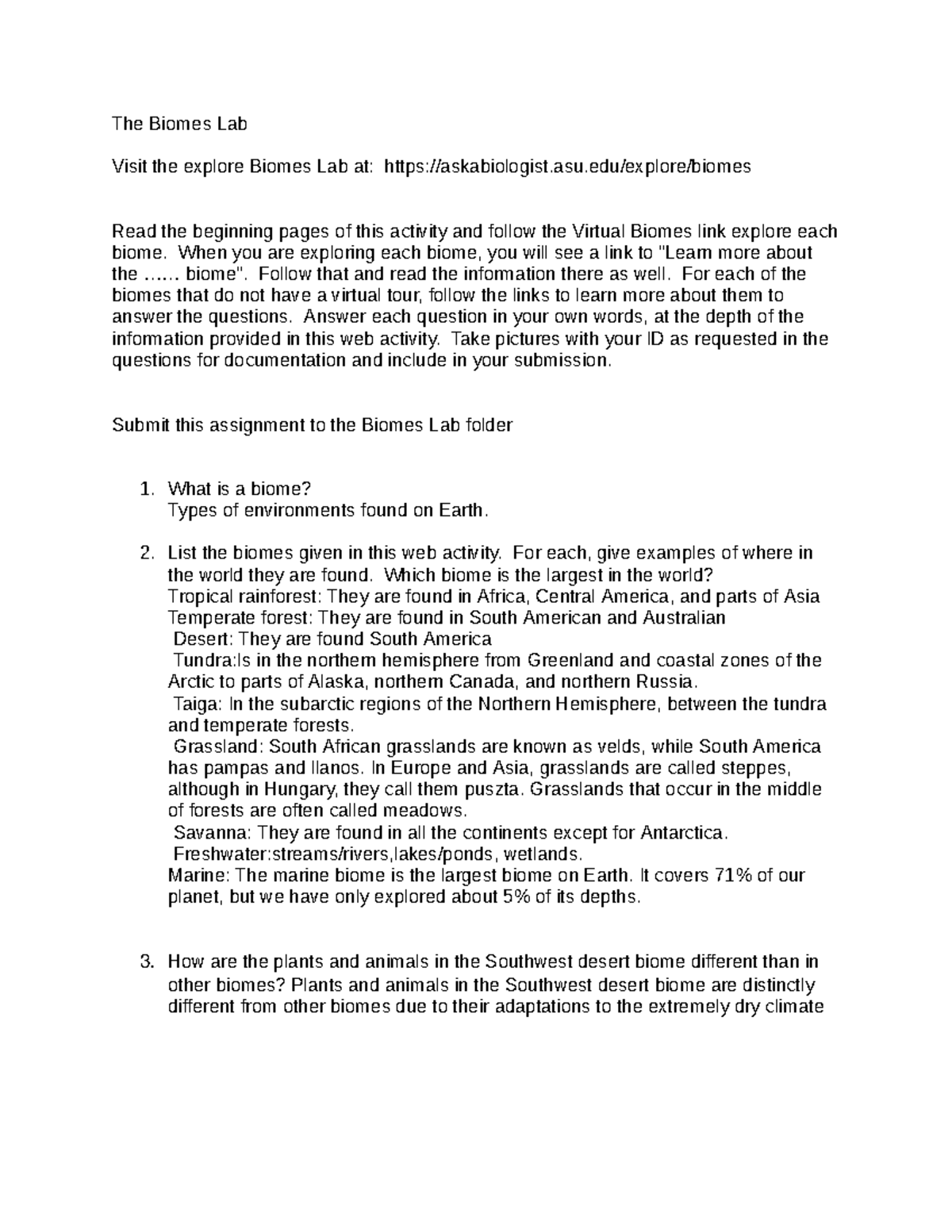 The Biomes Lab Worksheet - Documentos de Google - The Biomes Lab Visit ...