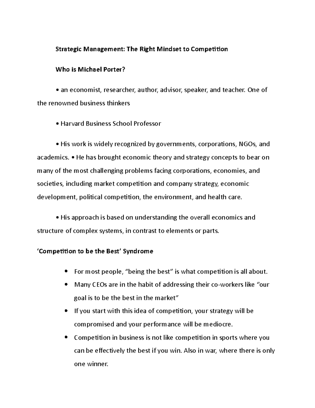 Strategic Management The right mindset to competition - One of the ...