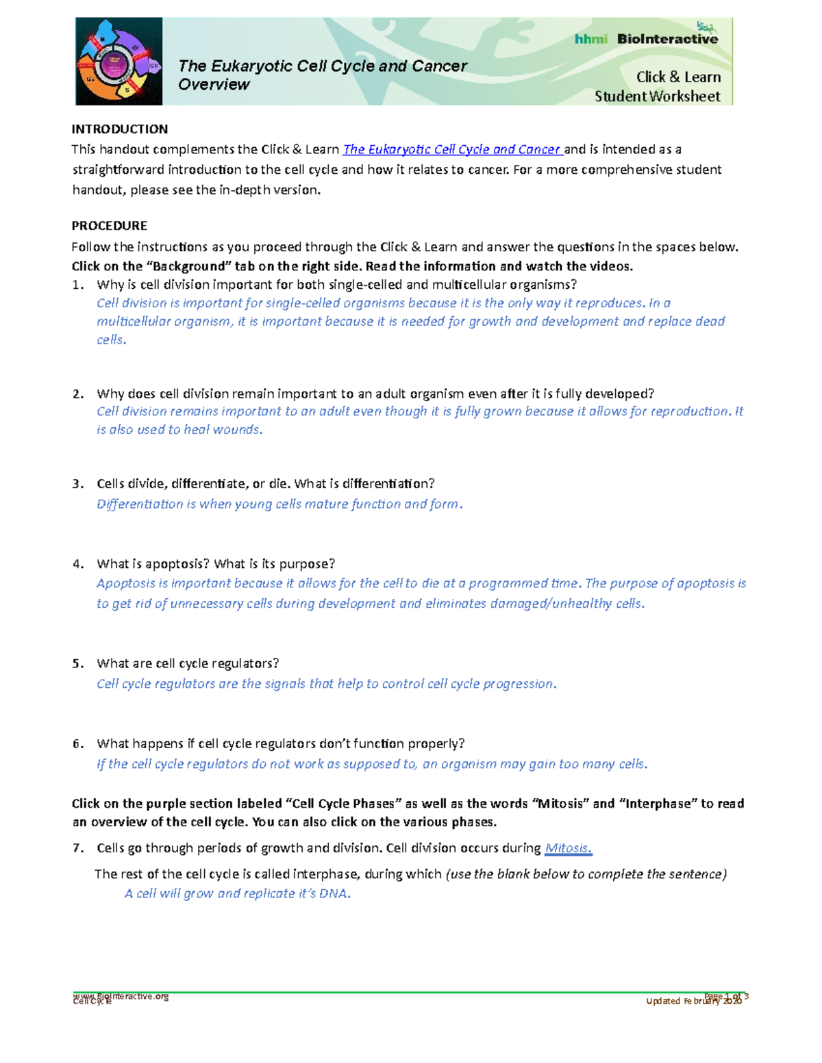 Assignment 4 BIO - Cell Cycle Updated February 2020 INTRODUCTION This ...