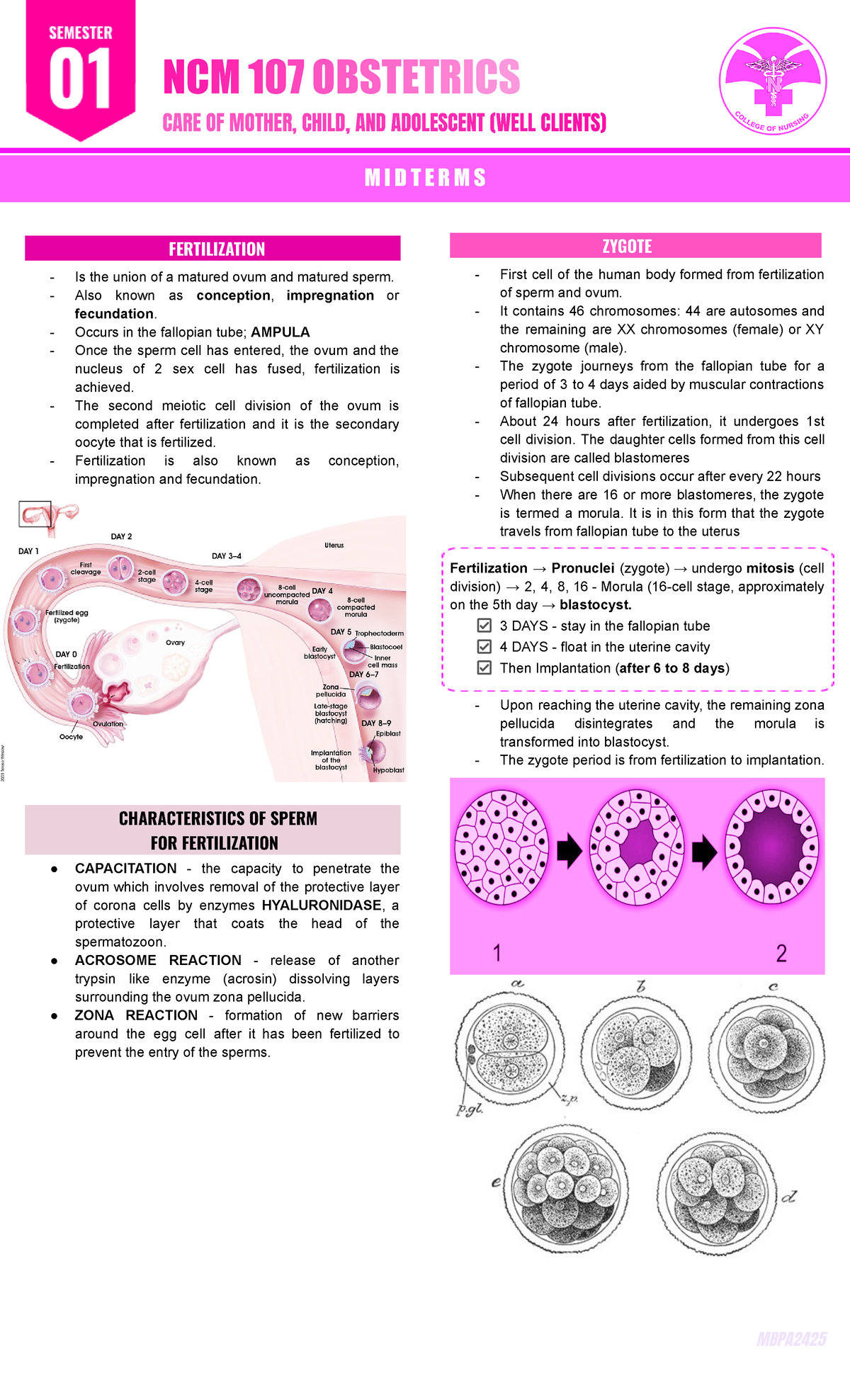 NCM 107 OB Fertilization - CARE OF MOTHER, CHILD, AND ADOLESCENT (WELL CLIENTS) M I D T E R M S ...