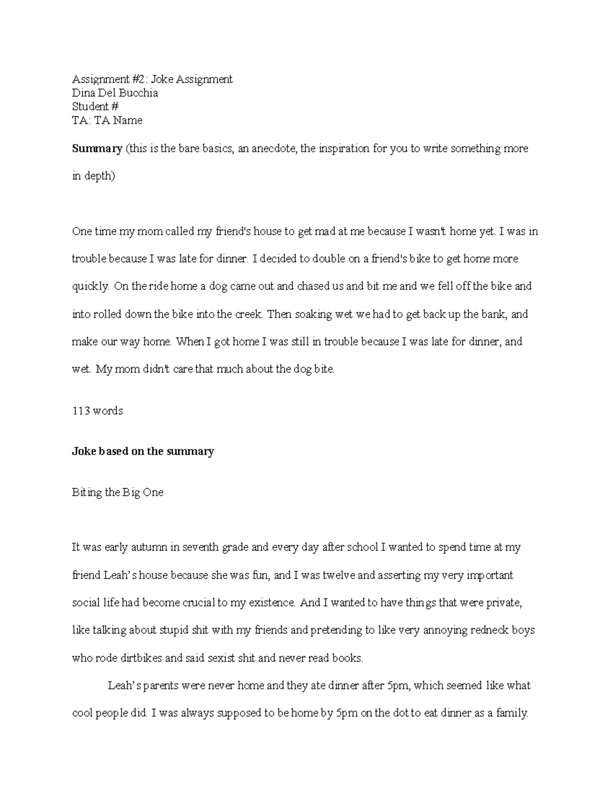 Example Assignment 2 Joke Assignment - Assignment #2: Joke Assignment ...