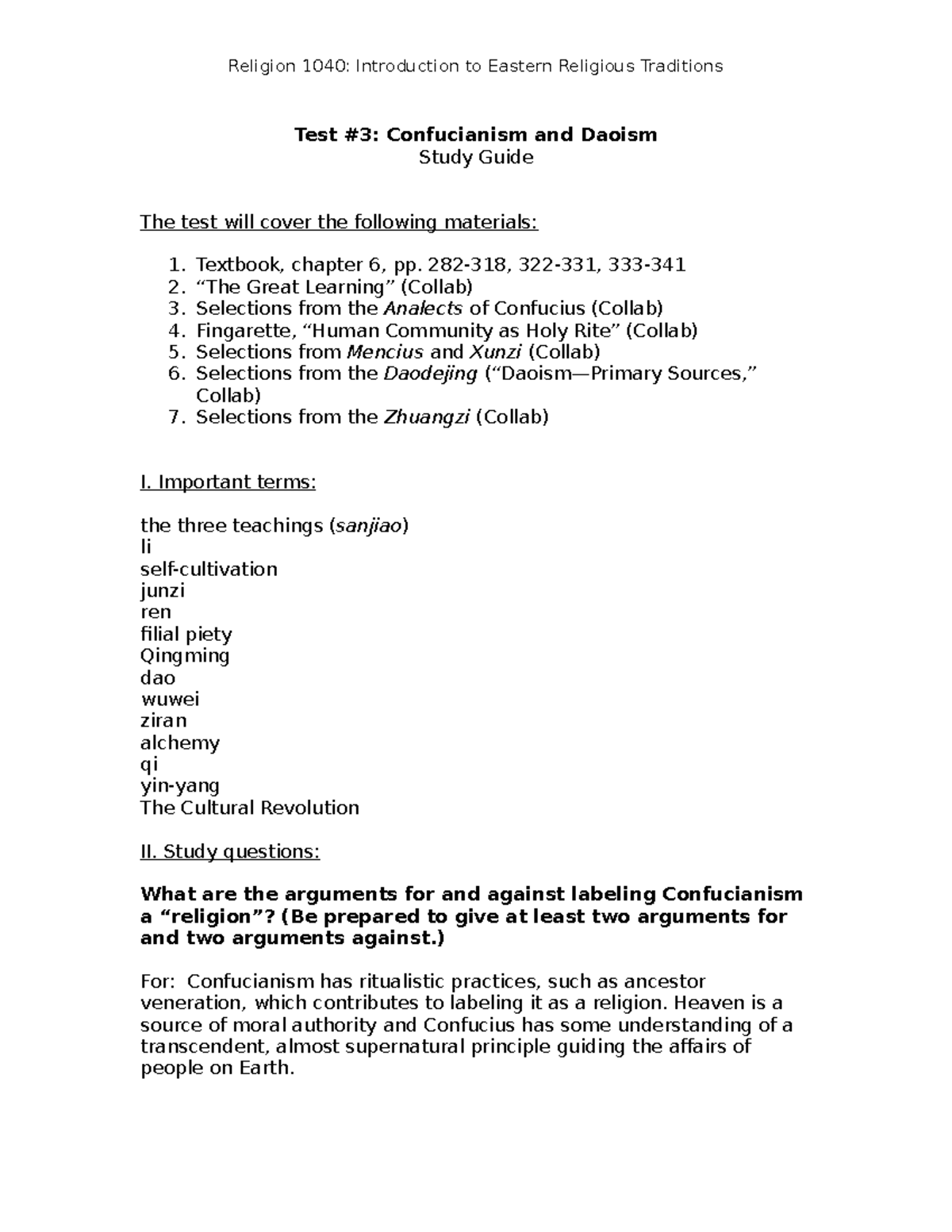 Test 3 - Confucianism and Daoism - Study Guide - Test #3: Confucianism ...